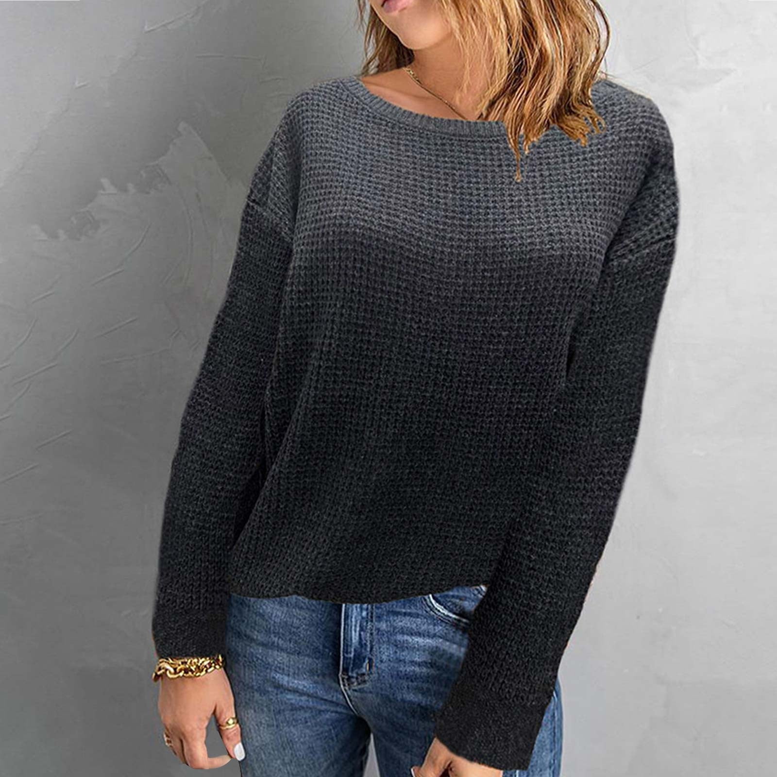 CALAFEBILA Waffle Knit Sweaters for Women,Women Winter Long Sleeve Crew ...