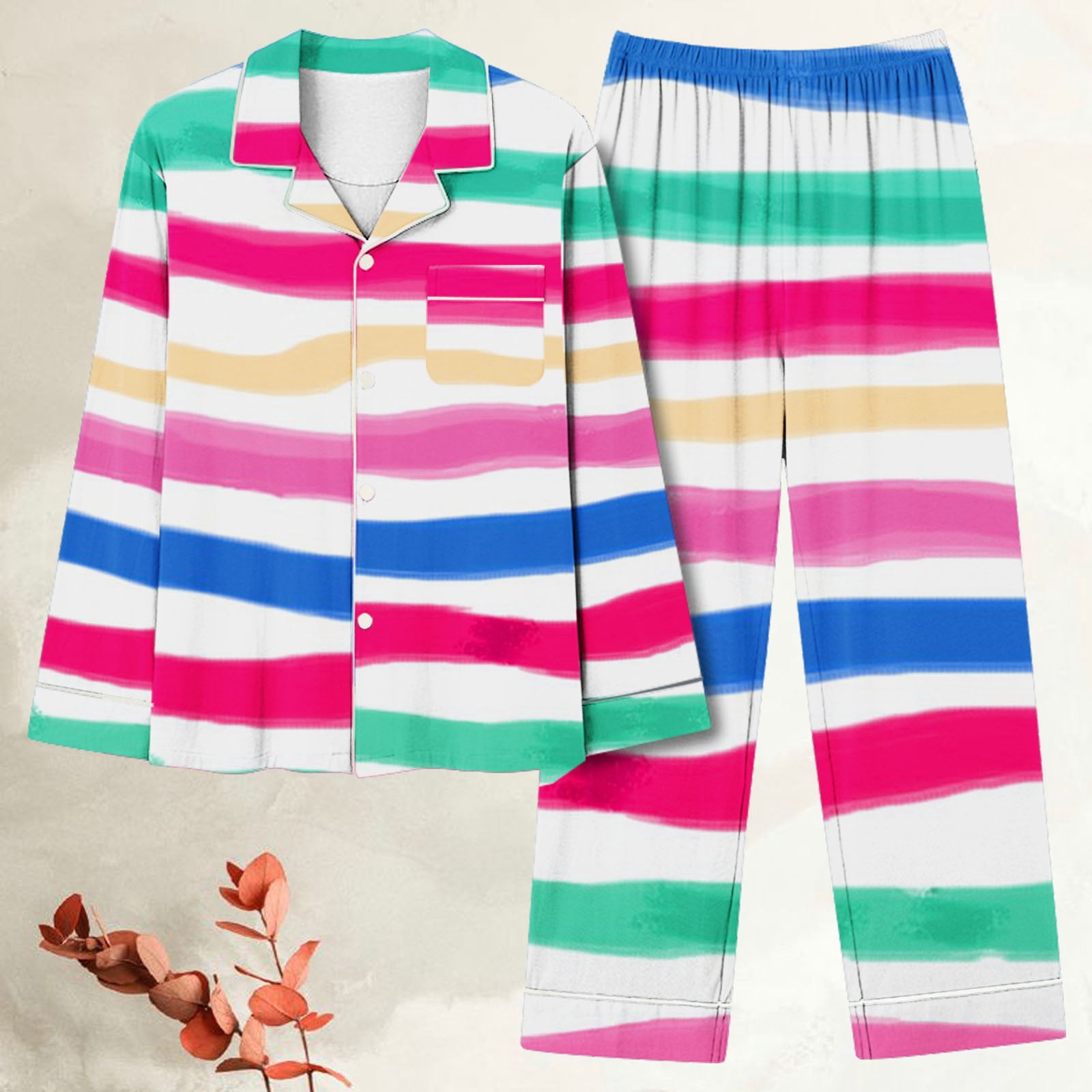 CALAFEBILA Woman Pj Set Button Down Pjs for Women Homewear Notch Collar ...