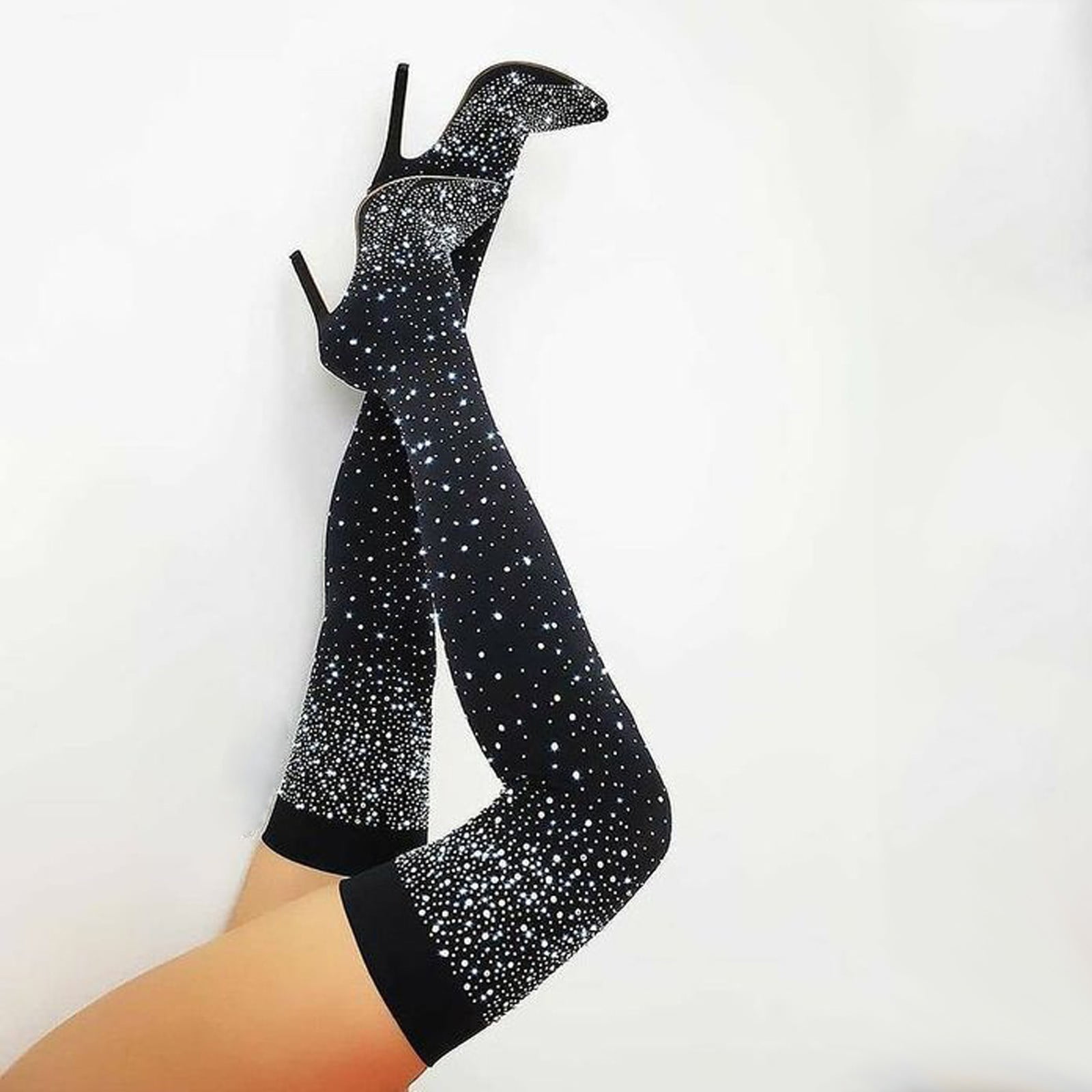 CALAFEBILA Women Shoes Black Nightclub Rhinestone Stretch High Heel ...