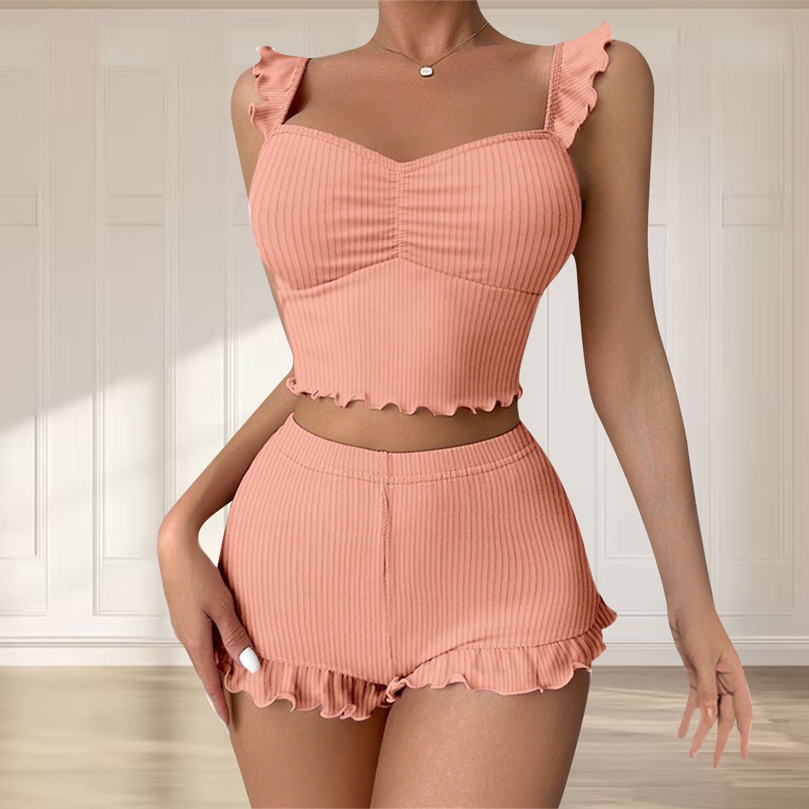 Calafebila Women Silk Pajamas Women Lingerie Sexy Sets Ribbed Knit