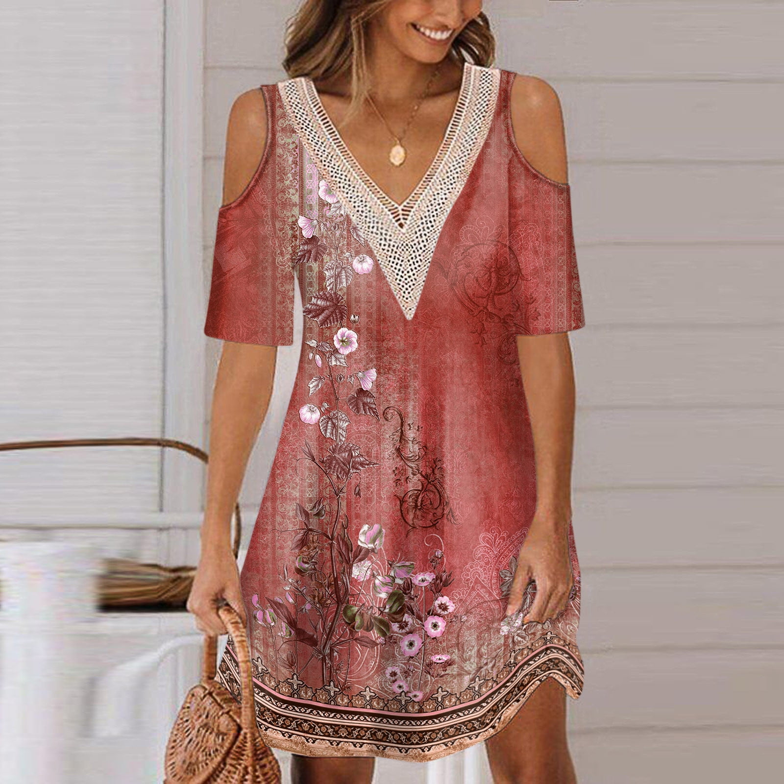 CALAFEBILA Women's Sundresses Short Sleeve Cold Shoulder Floral Knee ...