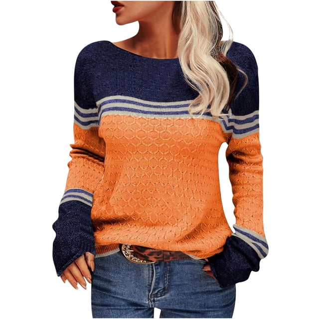 CALAFEBILA Women's Sweaters Orange Striped Color-matching Pullover Knit ...