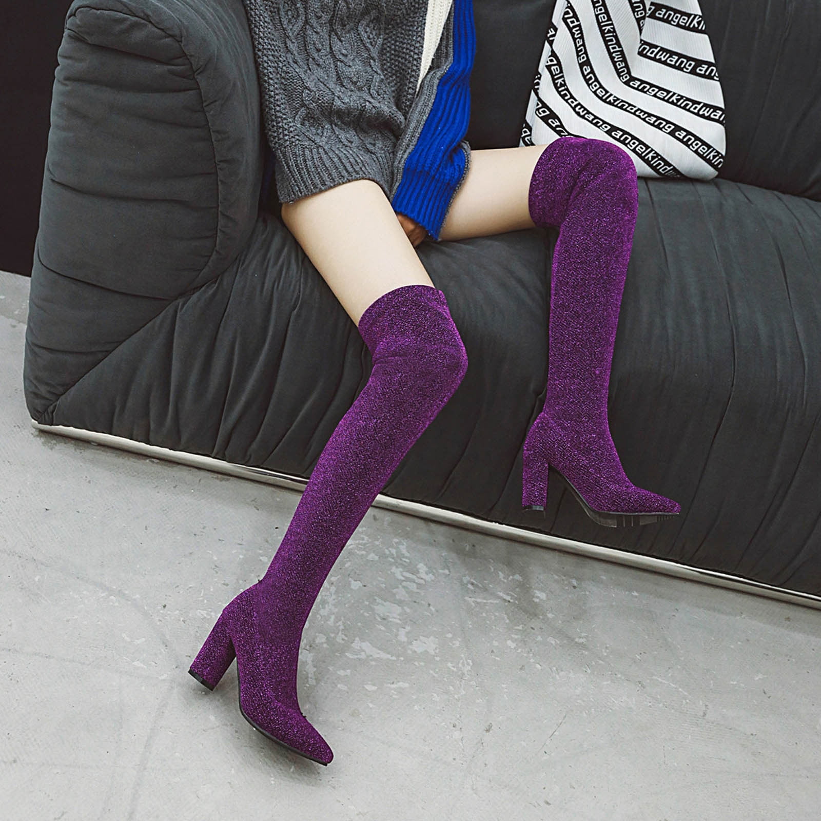 CALAFEBILA Womens Casual Shoes Purple Stretch Knit Thick Heel Pointed ...