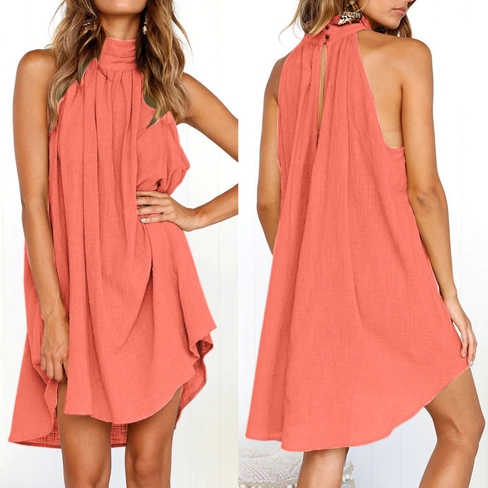 CALAFEBILA Womens Dress Sleeveless Solid Color Mini Sun Dress Pleated ...