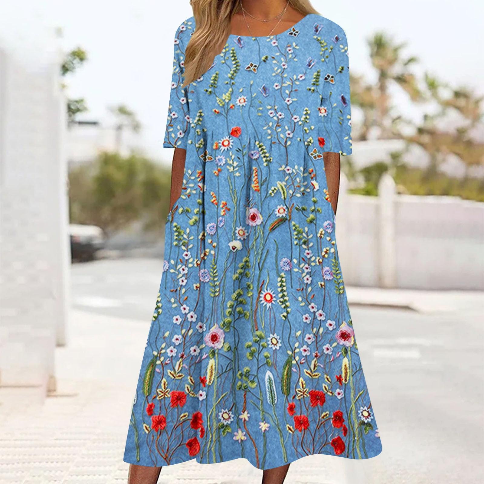 CALAFEBILA Womens Dresses Clearance Short Sleeve Floral Midi Sun Dress ...