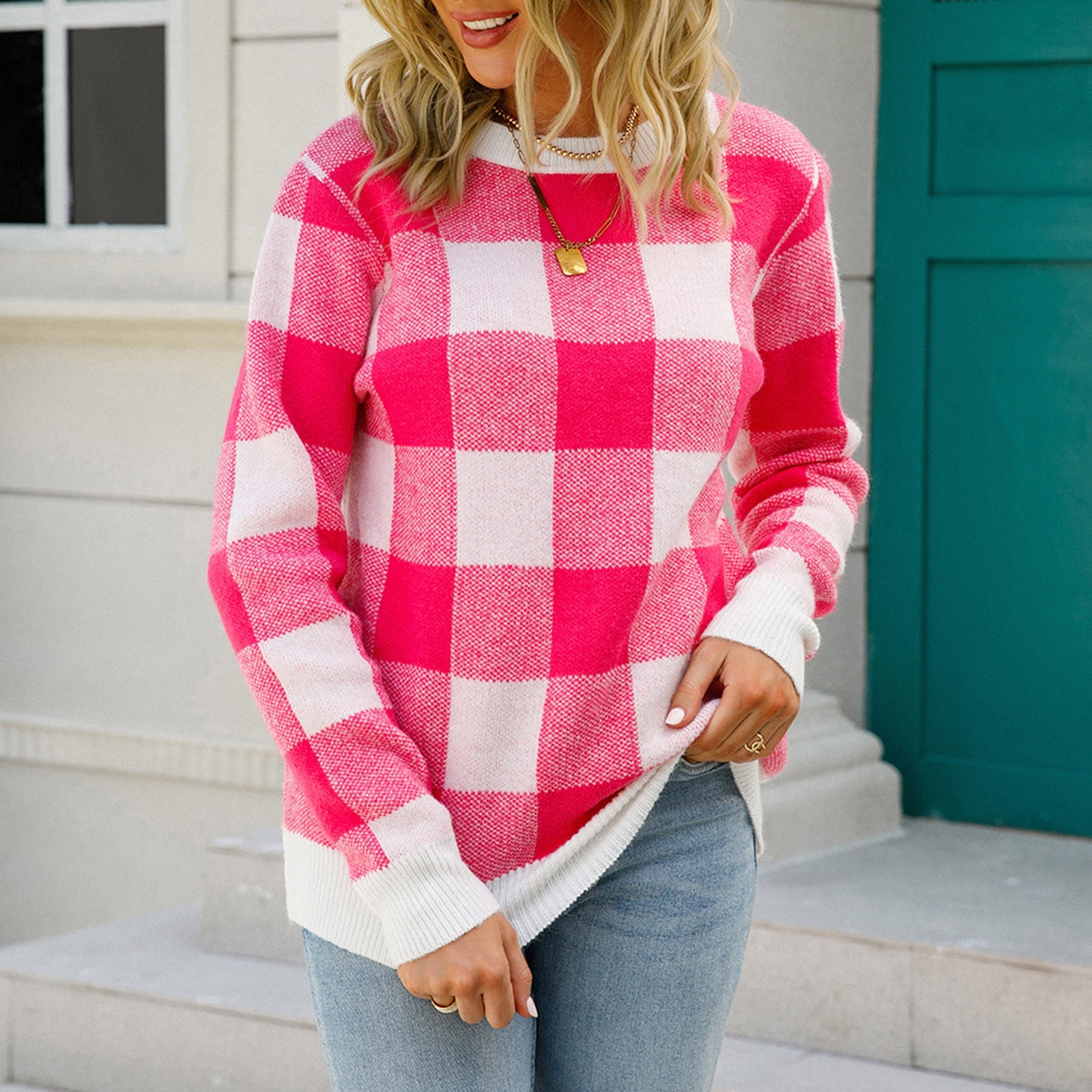 CALAFEBILA Womens Fashion Crew Neck Knitted Plaid Pullover Warm Sweater ...