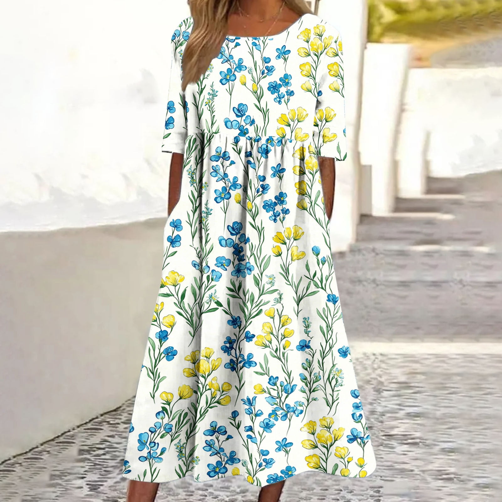 CALAFEBILA Womens Midi Dresses Short Sleeve Summer Pleated Sundresses ...