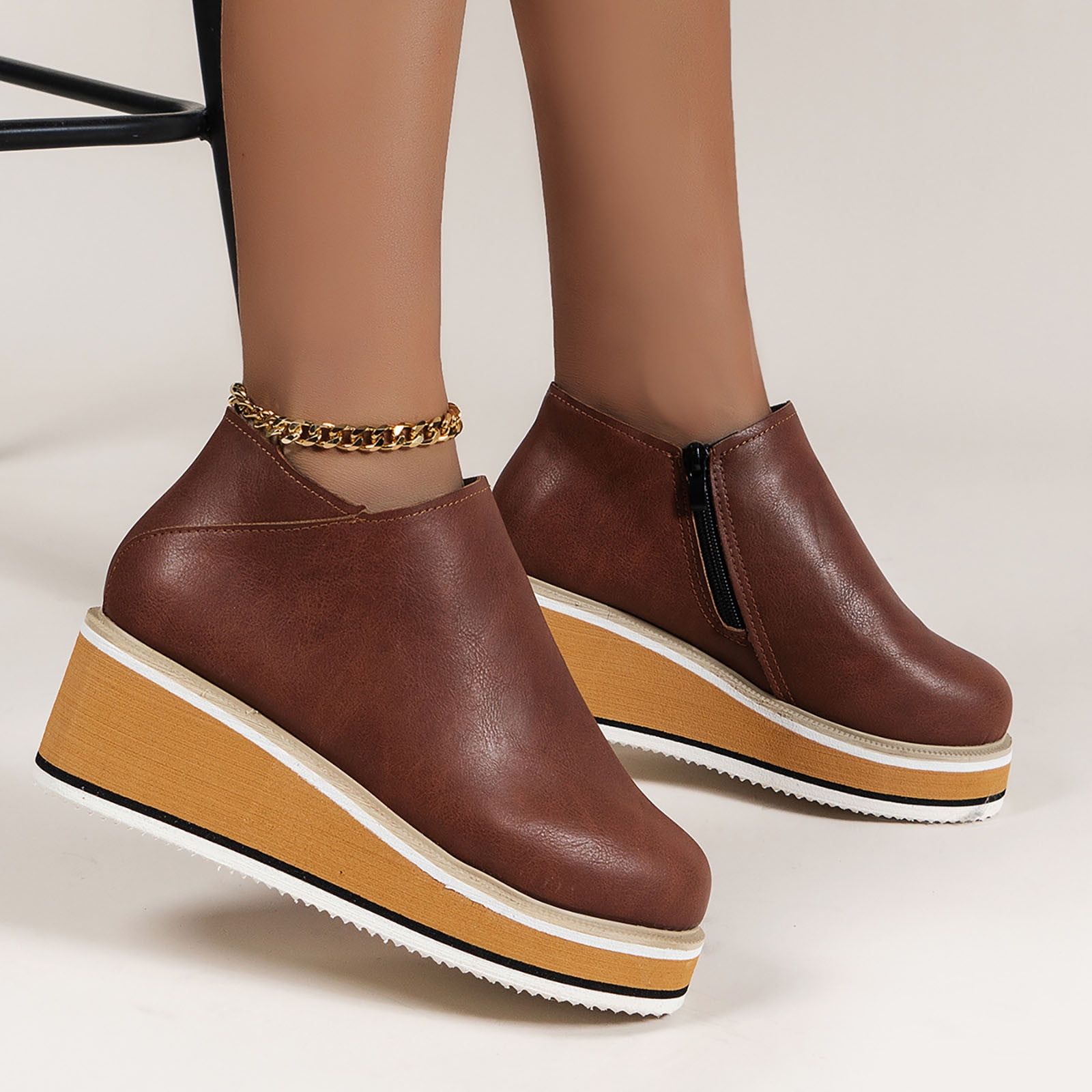 CALAFEBILA Womens Shoes Coffee Retro Flat Bottom Casual Boots Plus Size ...