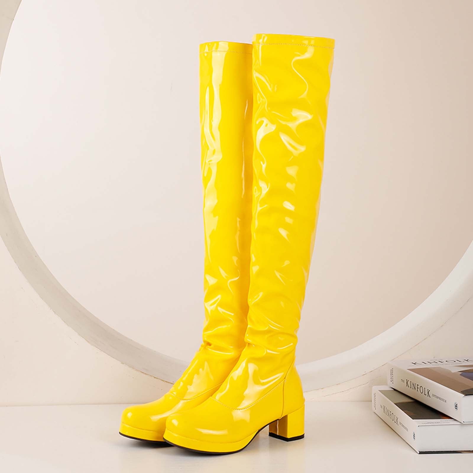 CALAFEBILA Womens Shoes Yellow Fashion Middle Over-the-Knee Boots ...