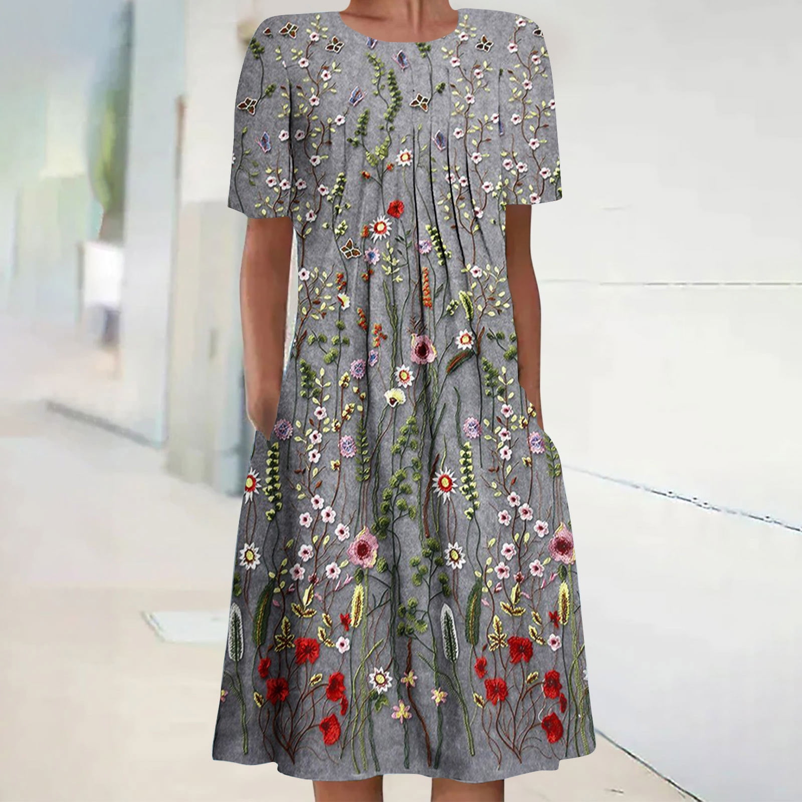 CALAFEBILA Womens Sundresses Short Sleeve Floral Knee Length Sun Dress ...