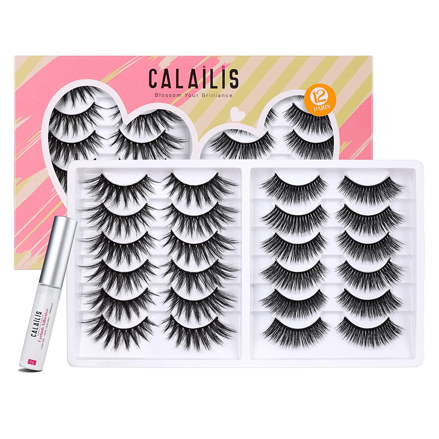 CALAILIS False Eyelashes 12 Pairs, 3D Fake Lashes Lightweight, Long ...