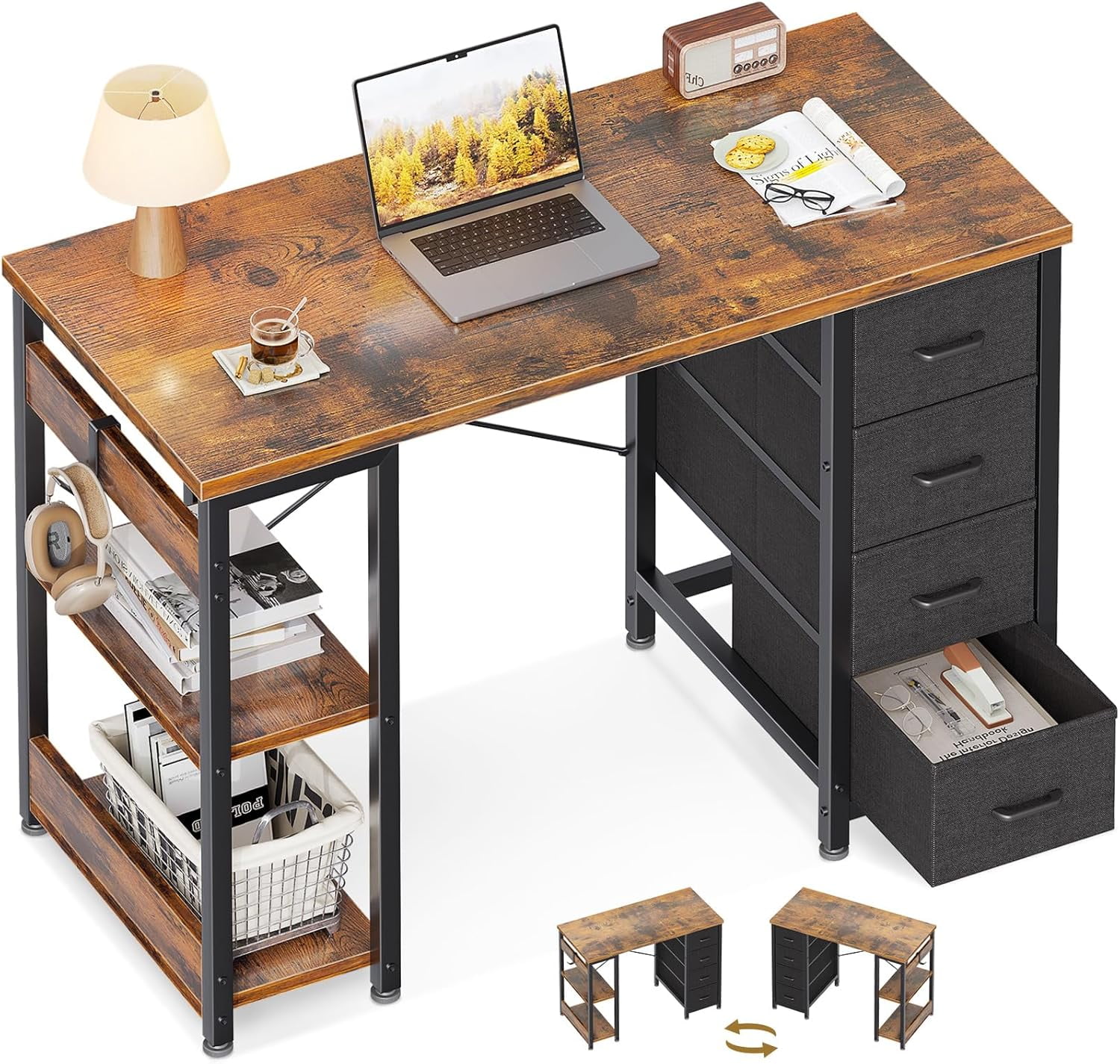 CALEMI 40 Inch Small Computer Desk with 4 Fabric Drawers, Modern ...