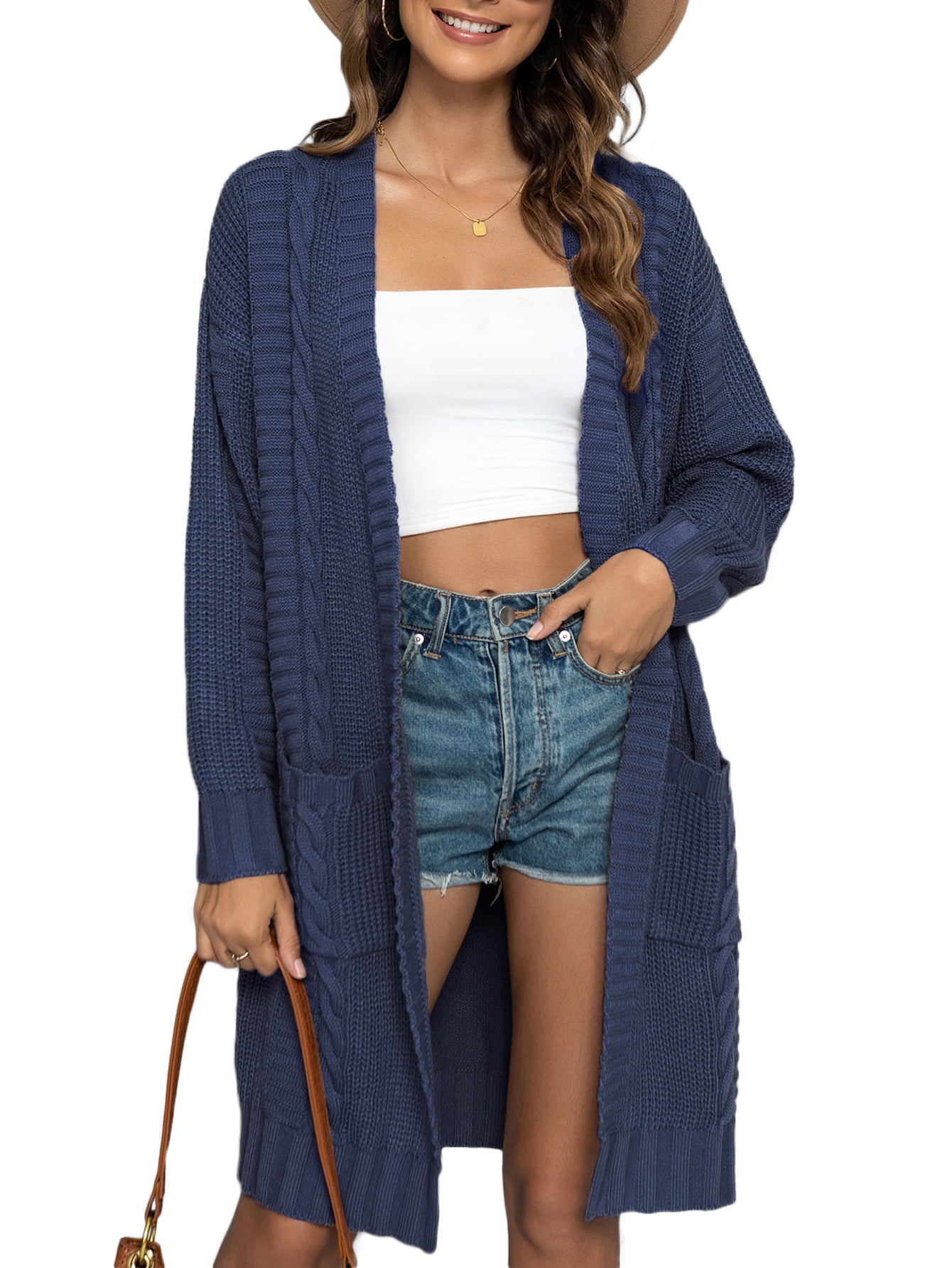 CALIPESSA Women's Blue Cable Knit Drop Shoulder Long Sleeve Cardigan ...