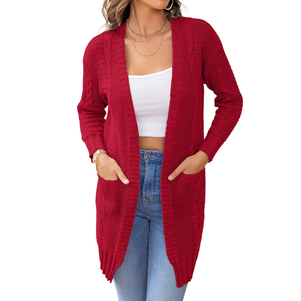 CALIPESSA Drop Shoulder Cable Knit Pocket Patched Casual Long Sleeve ...