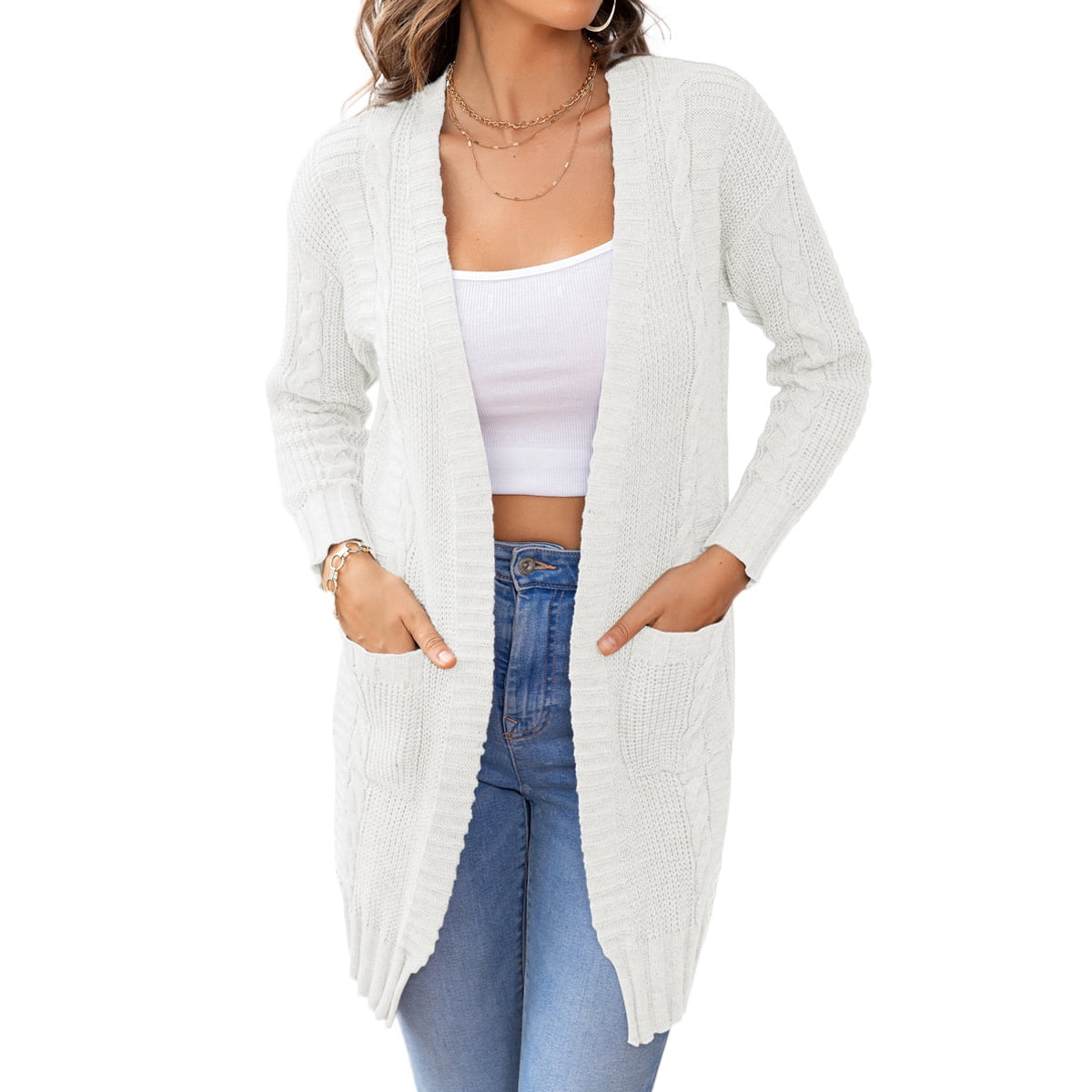 CALIPESSA Drop Shoulder Cable Knit Pocket Patched Casual Long Sleeve ...