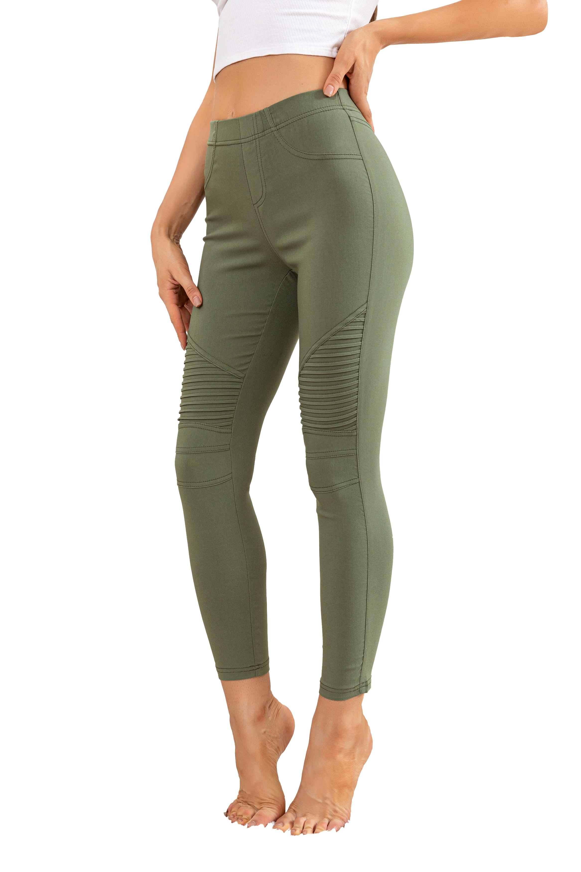 Calipessa Womens Army Green Crease Detail Skinny Leggings Elastic Waist Casual Solid Pencil