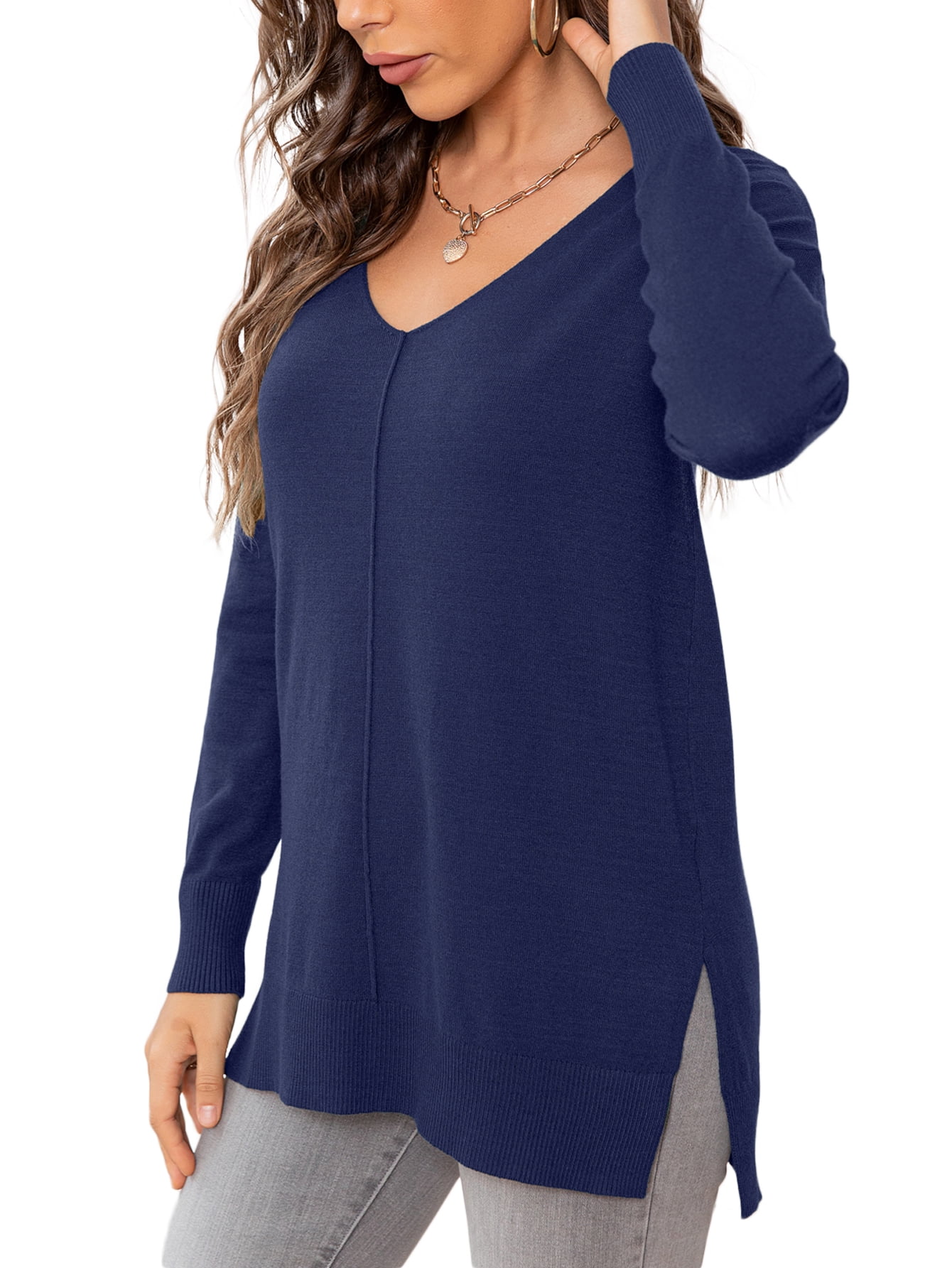 CALIPESSA Womens Blue Knit Long Sleeve Soft V Neck Solid Side Split ...