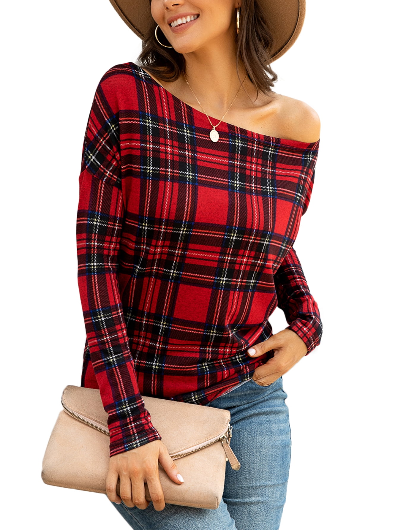 CALIPESSA Womens Fall Red Check One Shoulder Tops Long Sleeve Casual Loose Shirt - Walmart.com