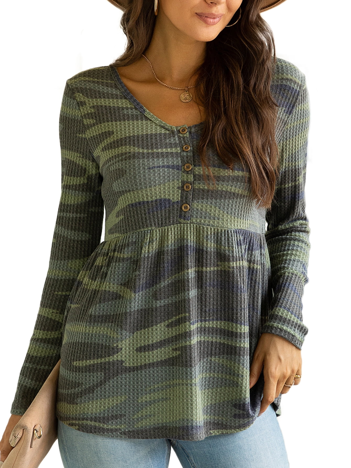 CALIPESSA Womens Fall Waffle Knit Camo Tunic Peplum Tops Long Sleeve ...