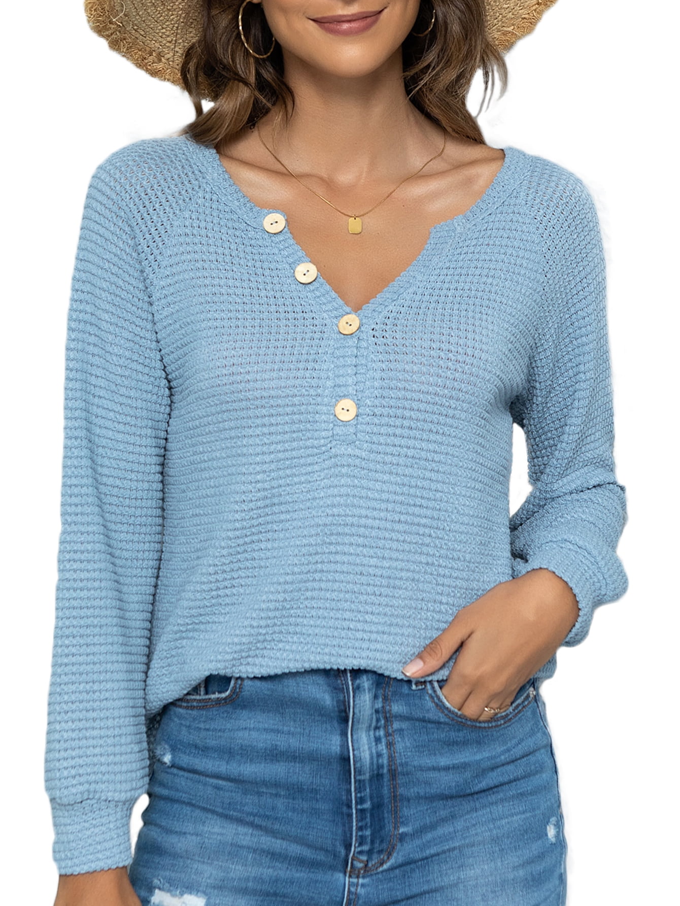 CALIPESSA Womens Fall Waffle Knit Decorative Button Curved Hem Tops ...