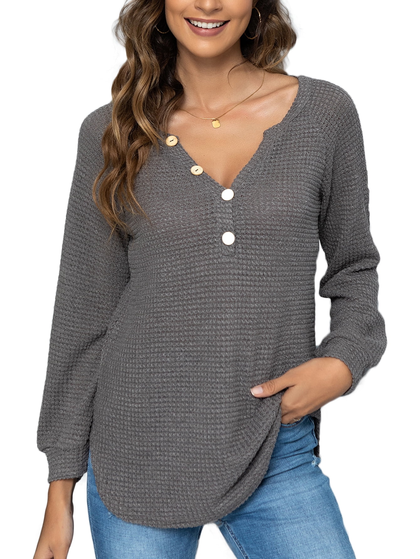 CALIPESSA Womens Fall Waffle Knit Decorative Button Curved Hem Tops ...