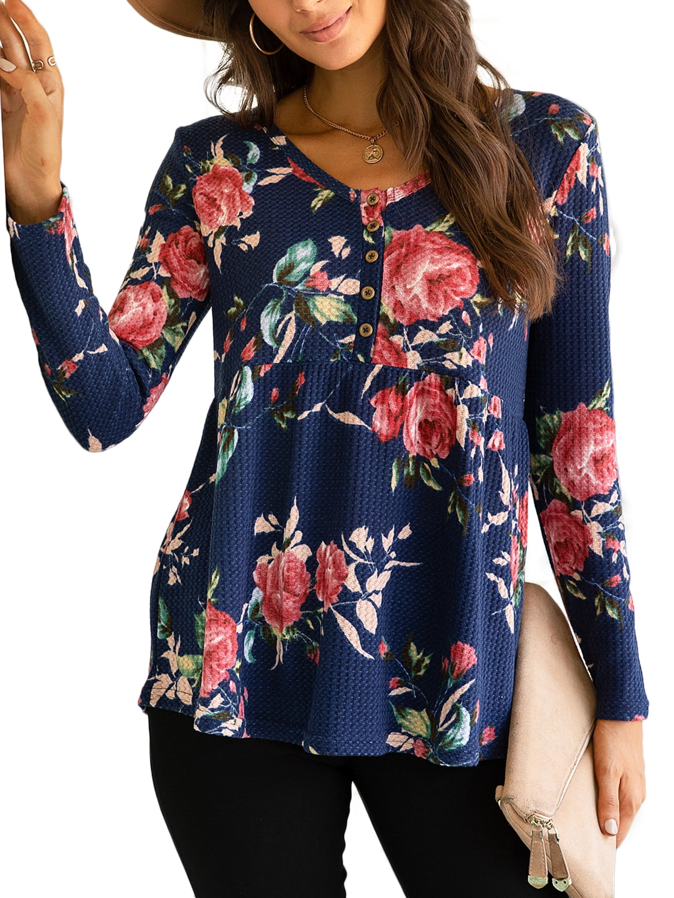 CALIPESSA Womens Fall Waffle Knit Floral Print Tunic Peplum Tops Long ...