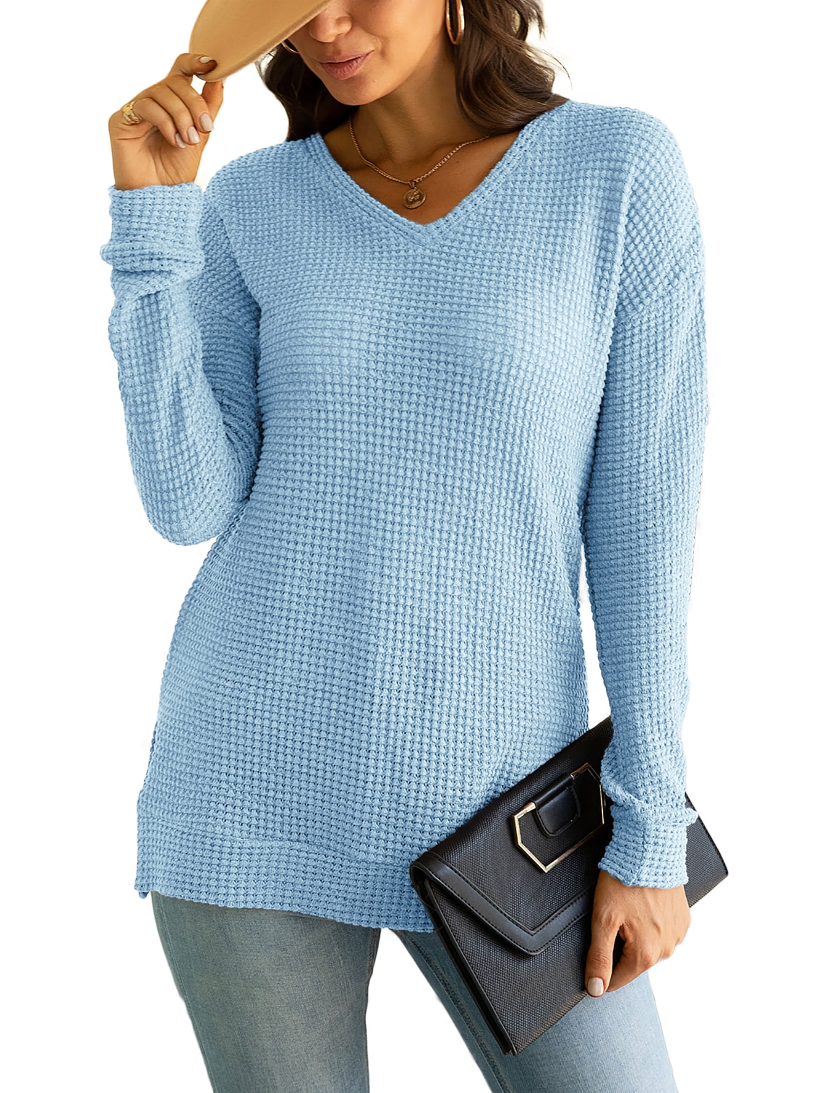 CALIPESSA Women's Petite Waffle Knit V Neck Pullover, Long Sleeve, Side ...