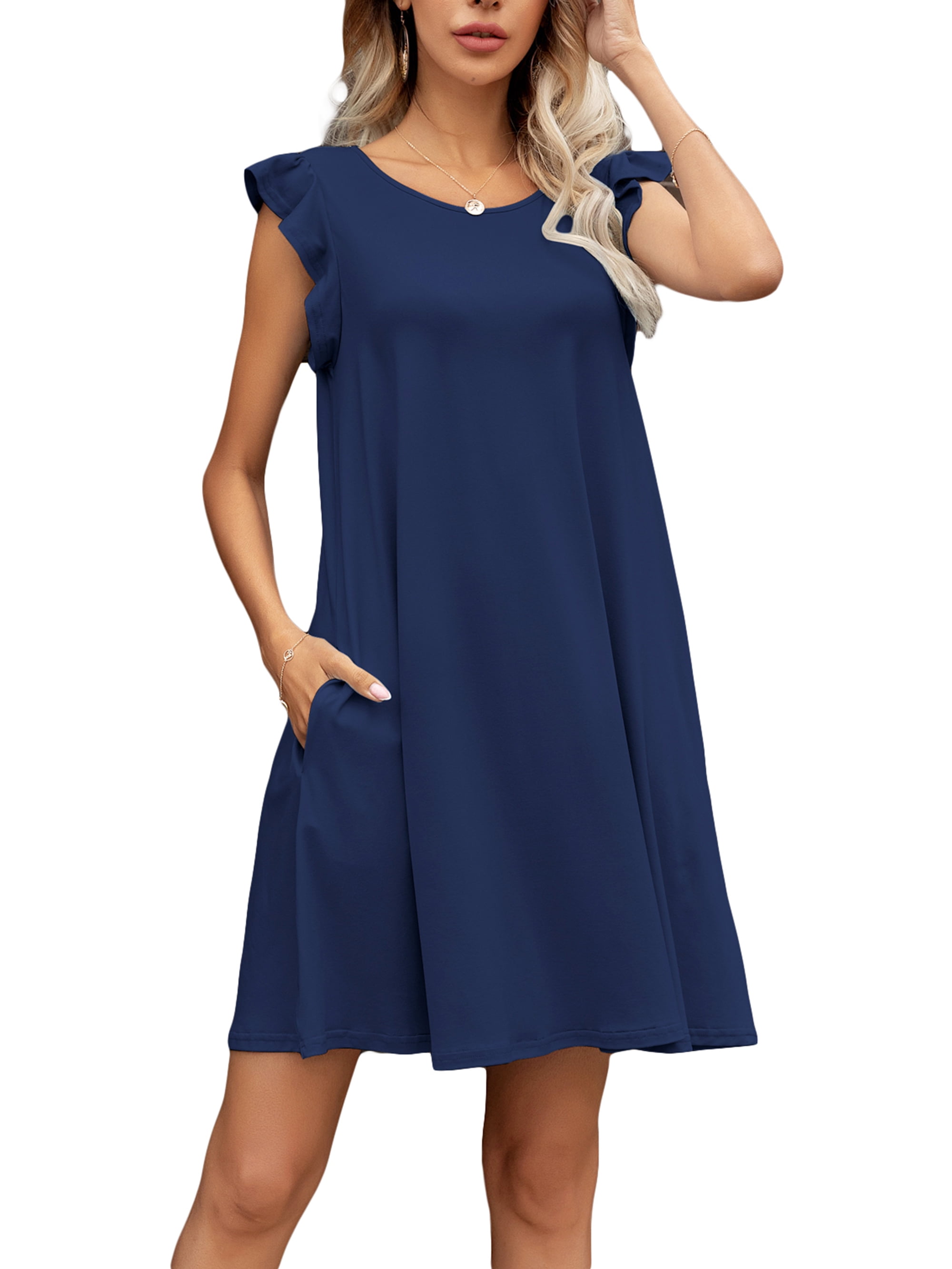CALIPESSA Classy Women's Summer Navy Blue Ruffle Sleeve Casual Swing A ...