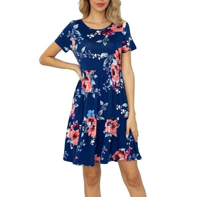 CALIPESSA Womens Summer Tiered Layer Navy Blue Floral Print Short Dress ...