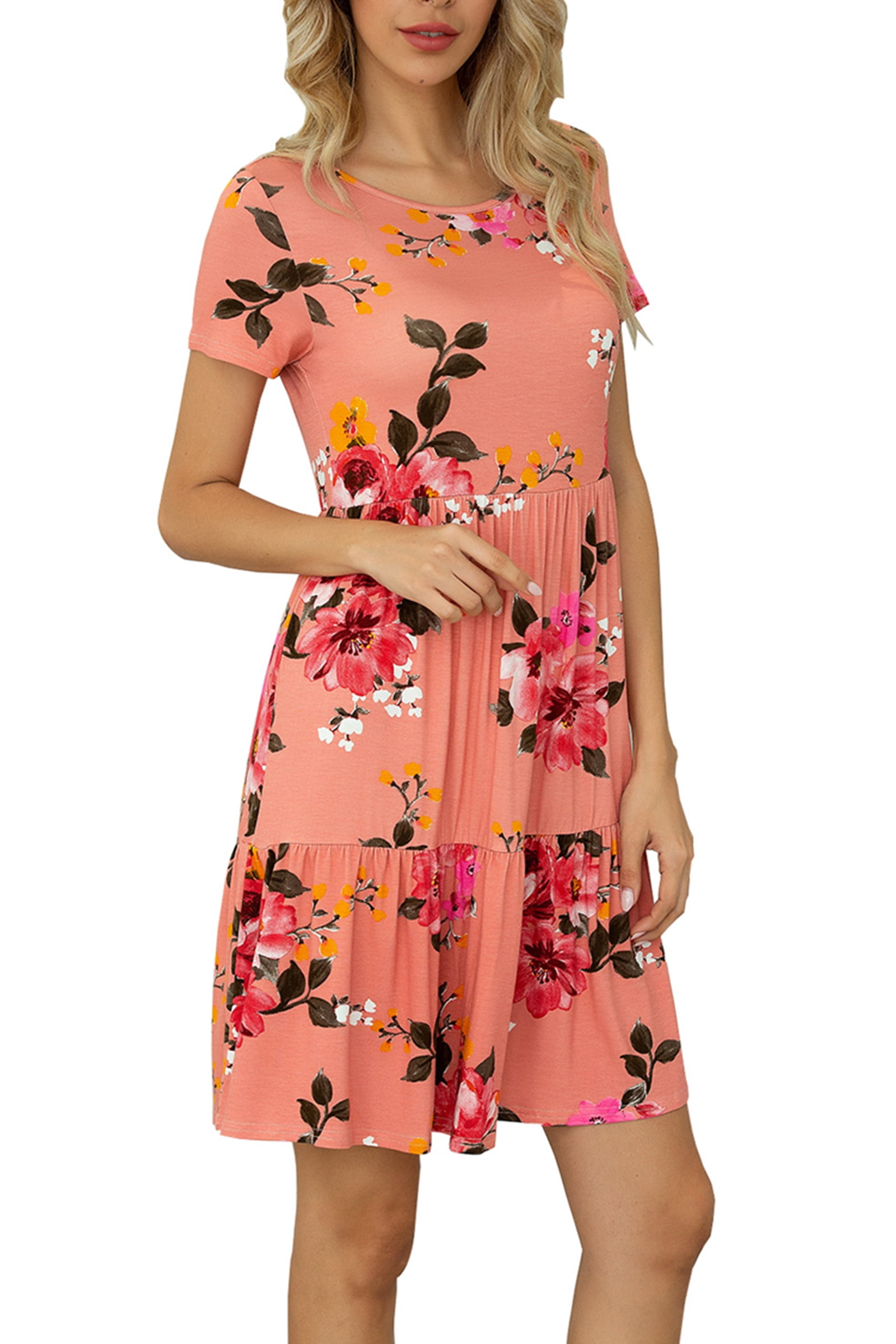 CALIPESSA Womens Summer Tiered Layer Pink Floral Print Short Dress ...