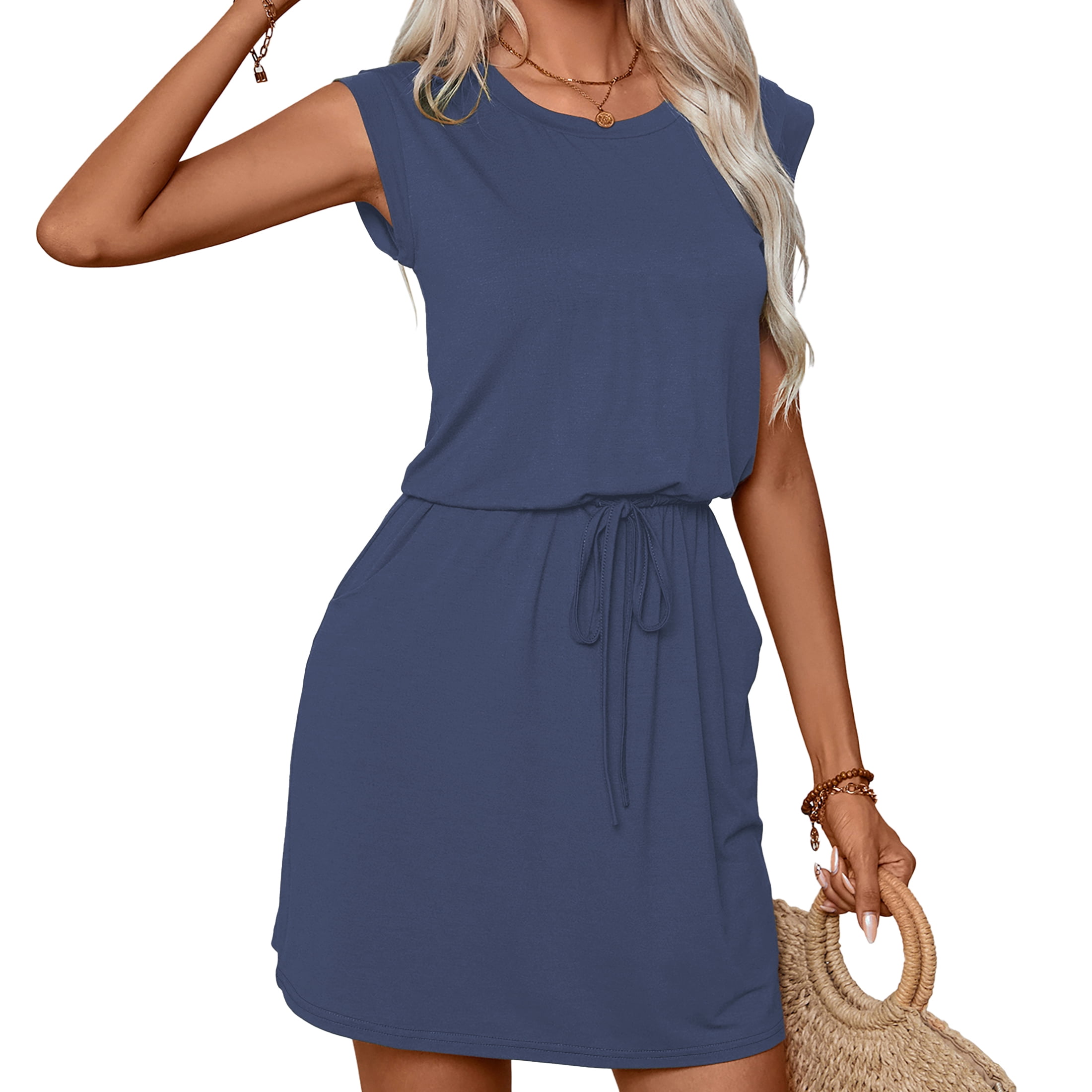 CALIPESSA Womens Sundress Crewneck Drawstring Cap Sleeve Summer Beach ...