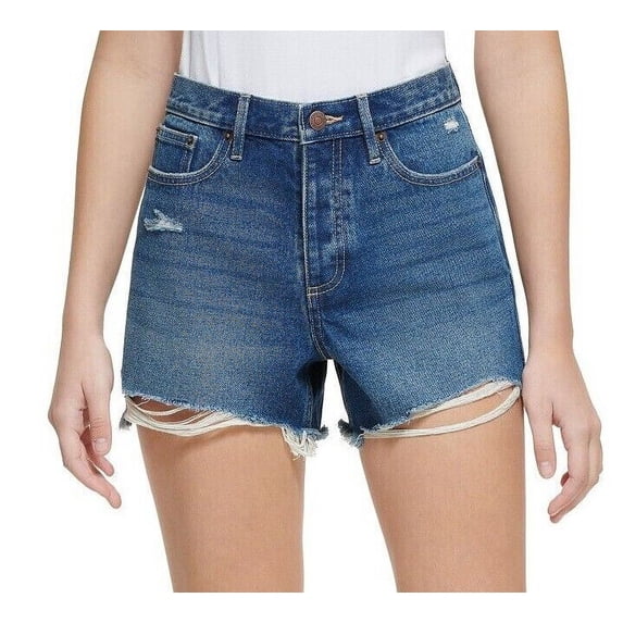 CALVIN KLEIN JEANS High-Rise Button-Fly Raw-Hem Denim Shorts Dark Wash ...