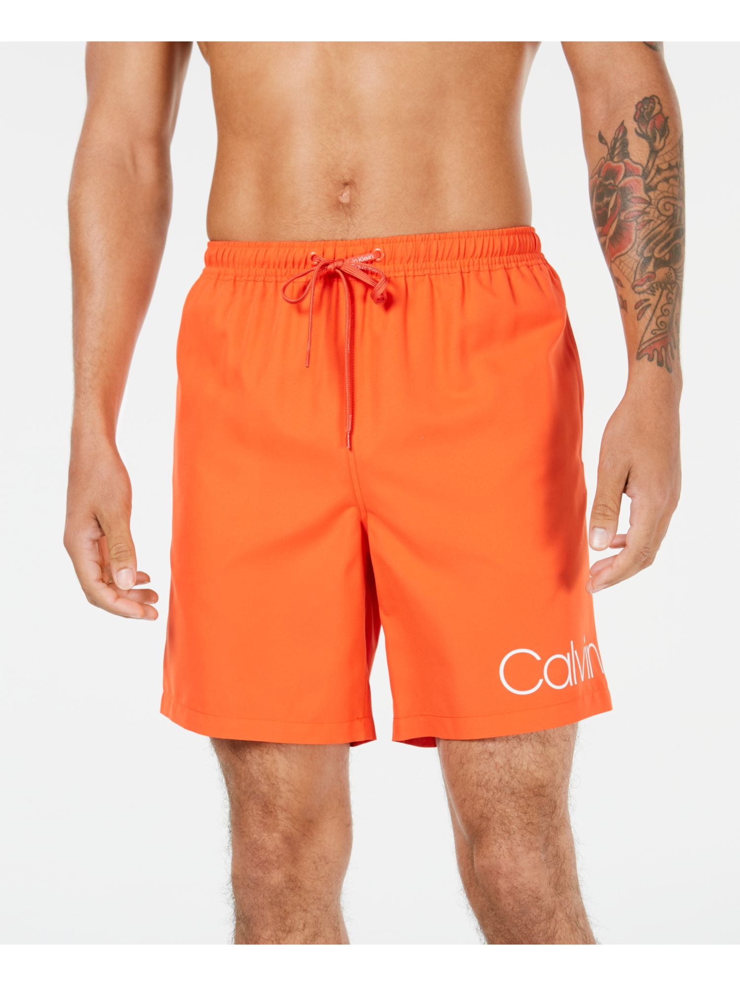CALVIN KLEIN Mens Orange Lined Logo Graphic Classic Fit Mesh Swim ...