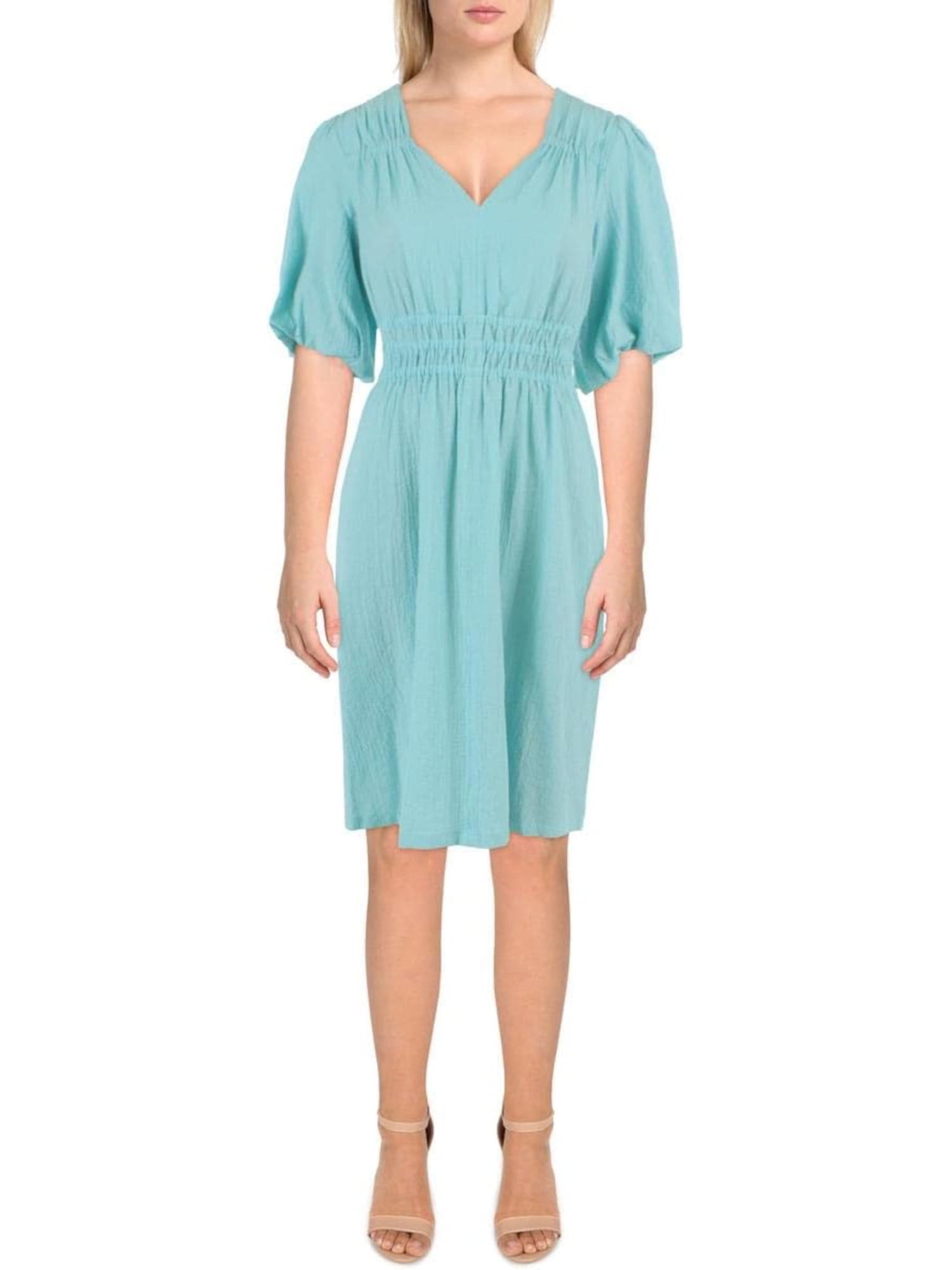 CALVIN KLEIN Womens Aqua Textured Smocked Pullover Pouf Sleeve V Neck ...