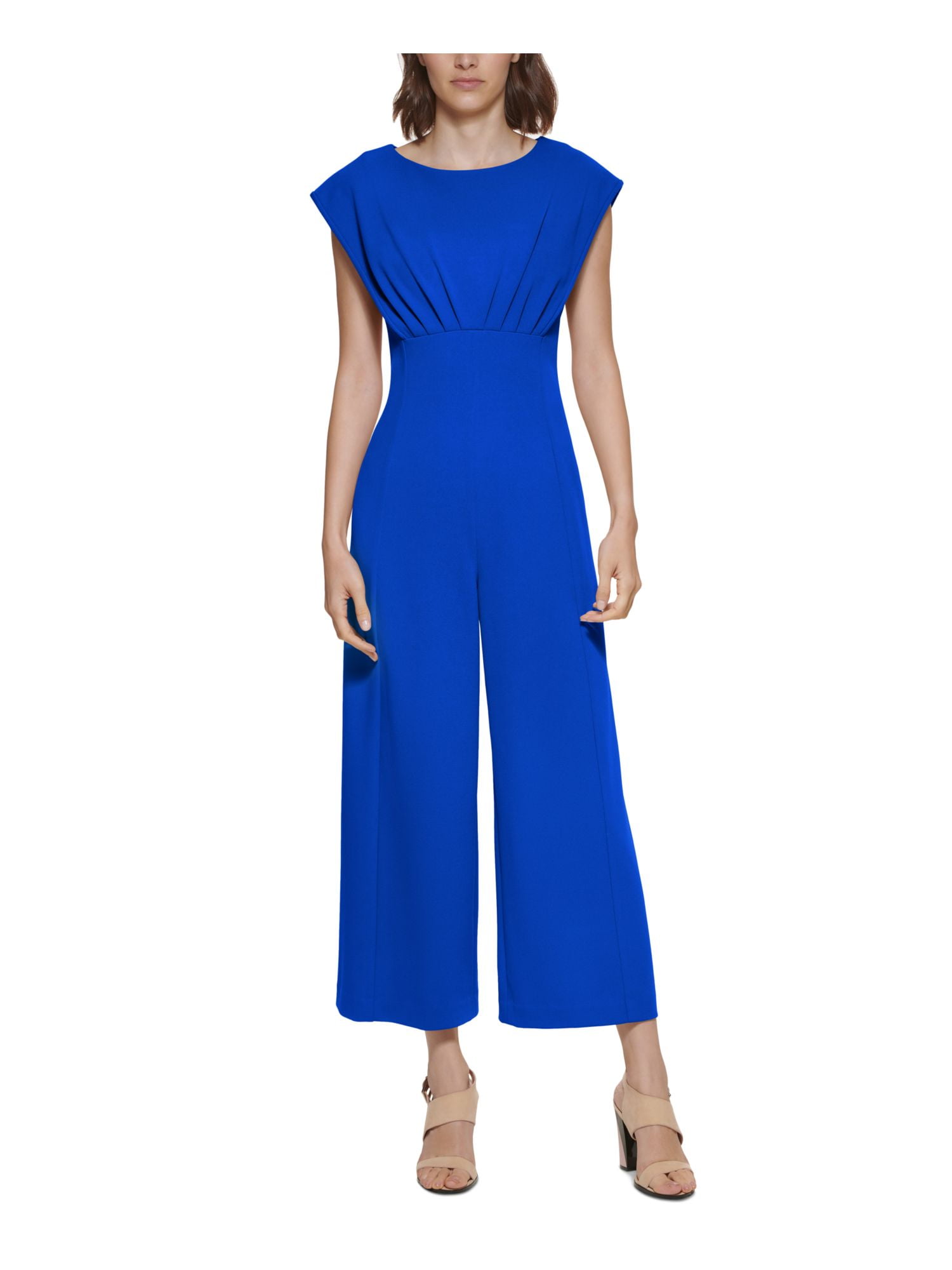Calvin Klein Womens Blue Pleated Zippered Cropped Textured Cap Sleeve