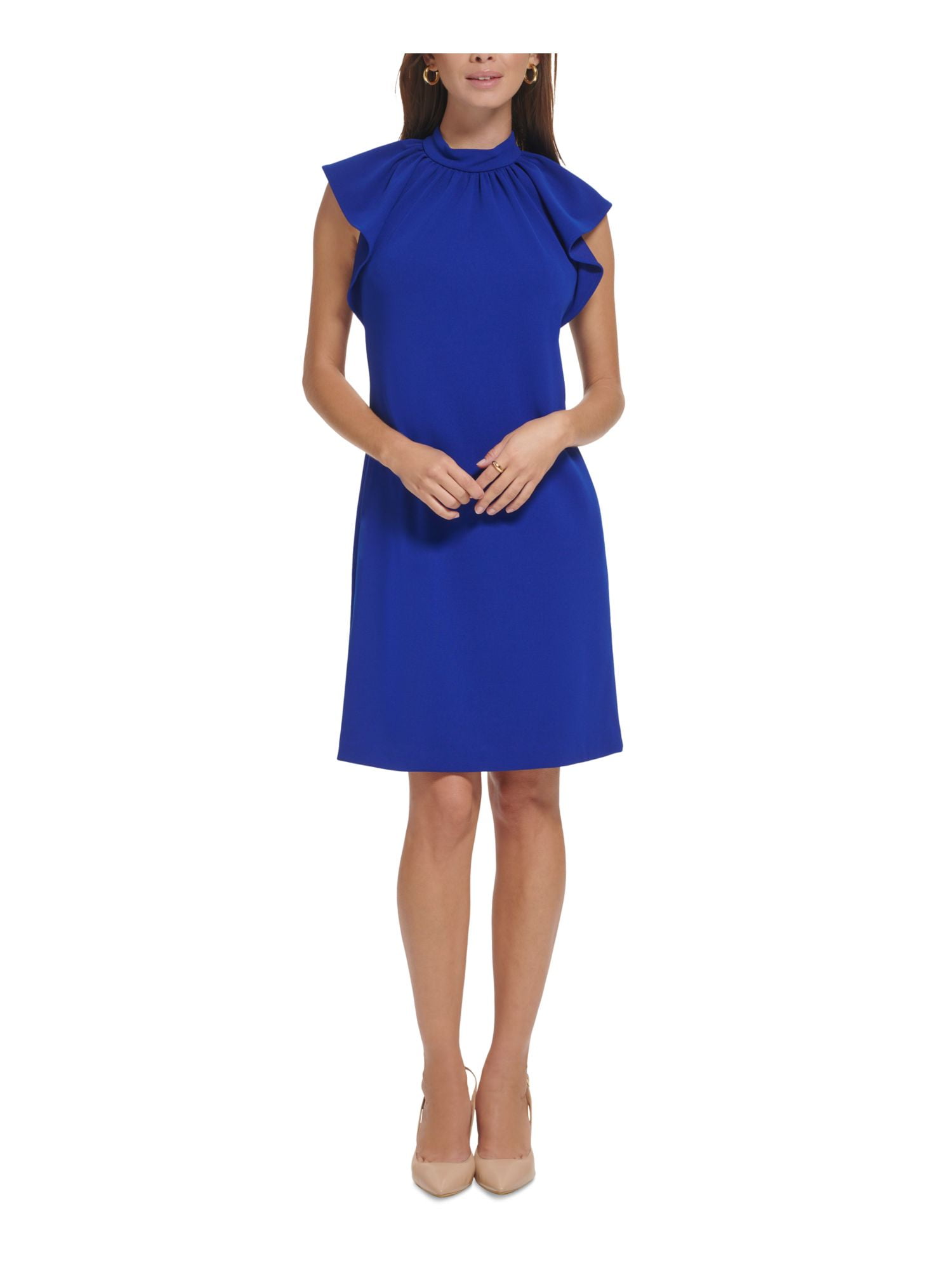 Calvin Klein Womens Blue Zippered Unlined Gathered Flutter Sleeve Mock