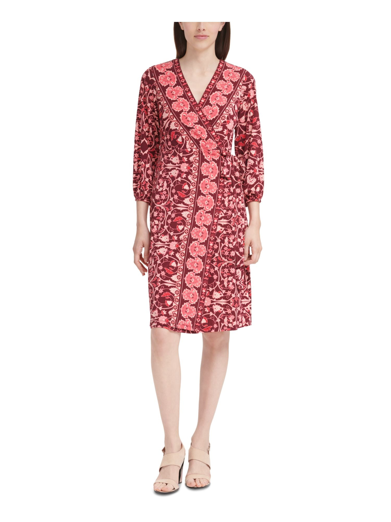 Calvin Klein Womens Burgundy Zippered Tie Unlined Printed 3 4 Sleeve