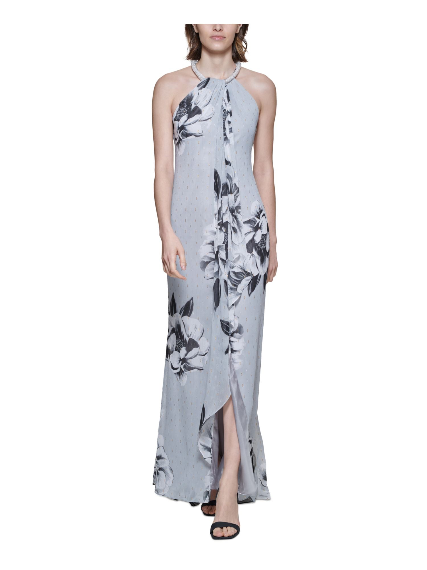 CALVIN KLEIN Womens Gray Twist Front Ruffled Tulip Hem Beaded Liined ...