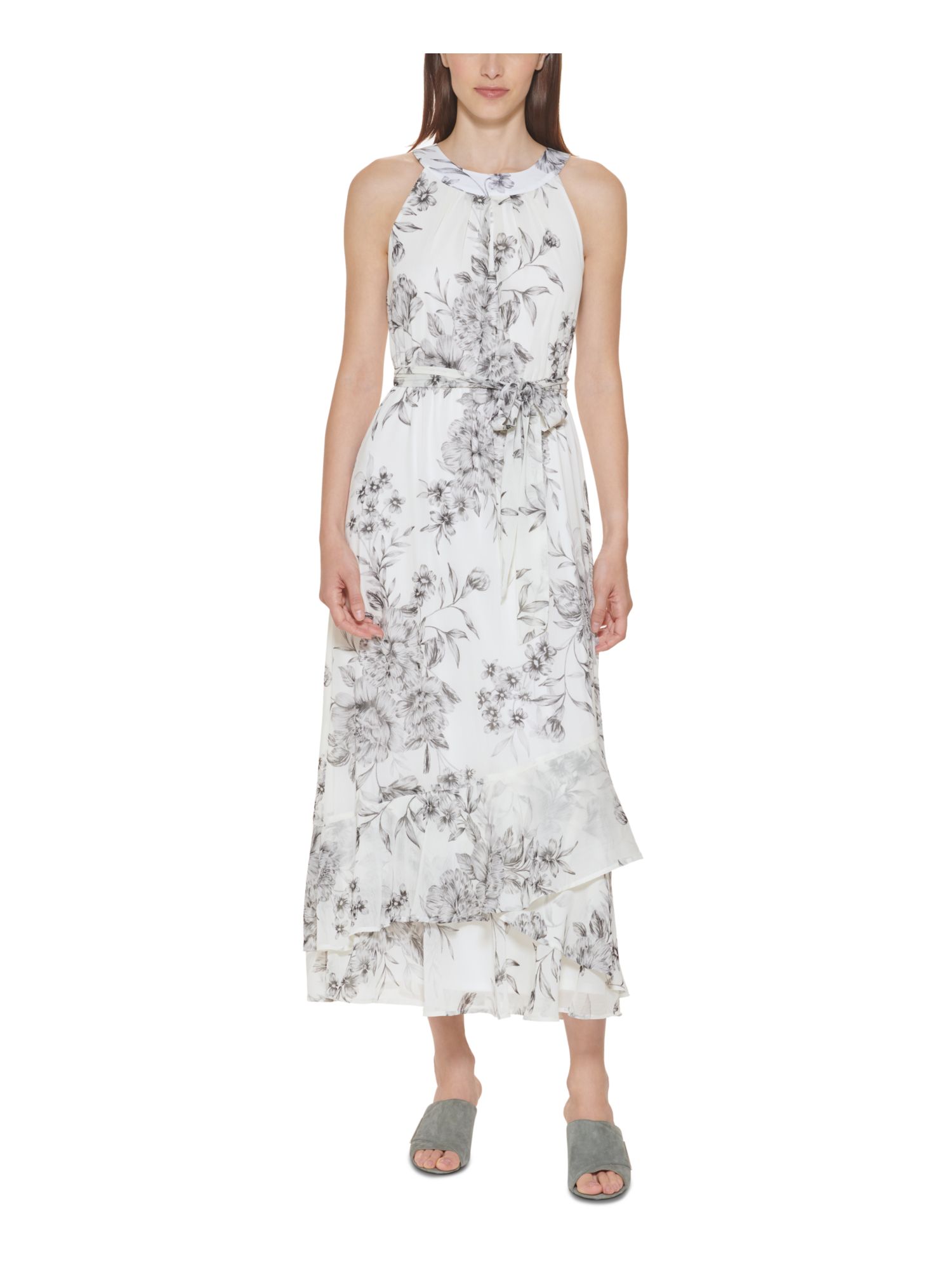 Calvin Klein Womens Ivory Zippered Sheer Tiered Hem Pleated Self Tie