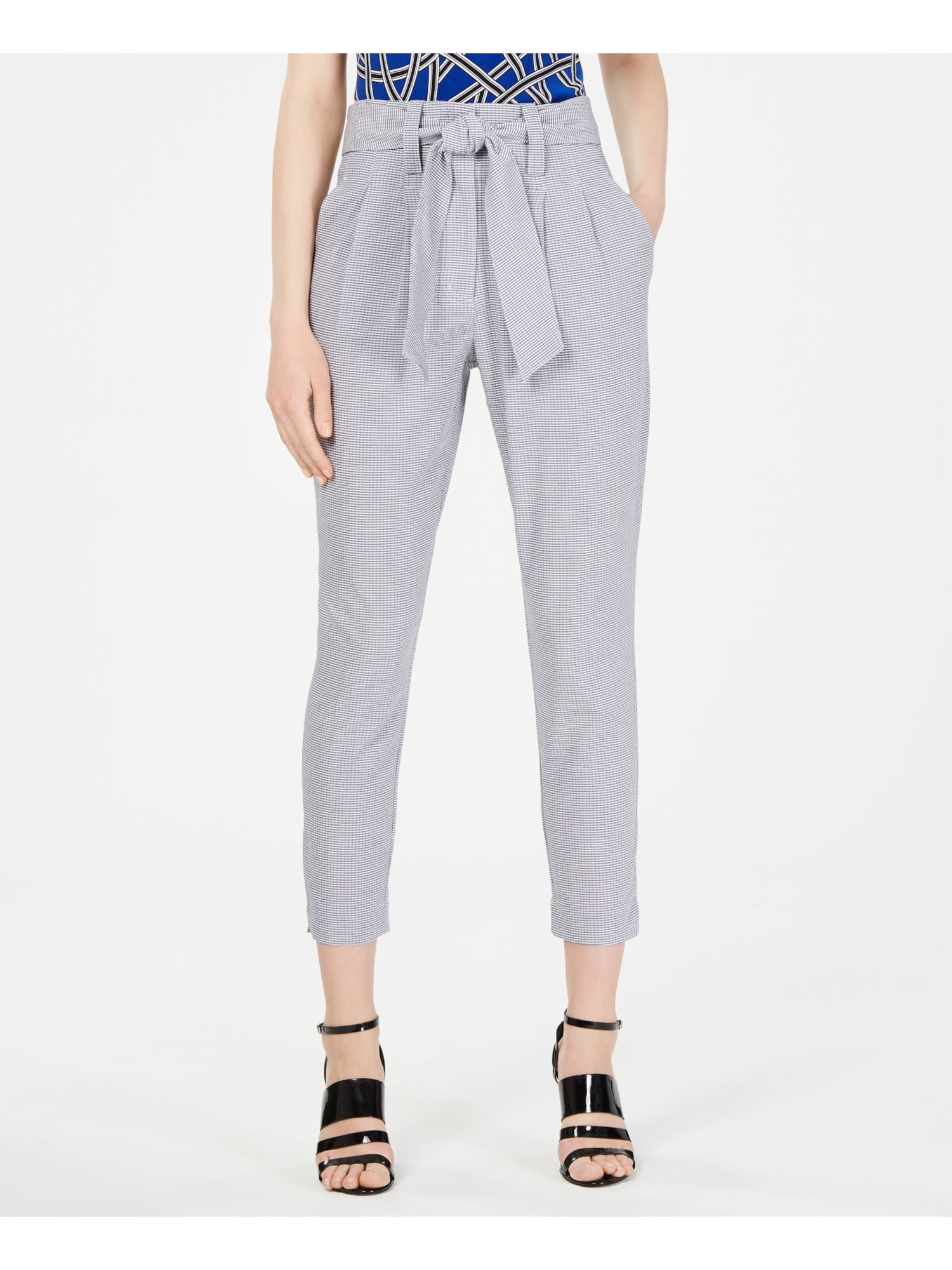 CALVIN KLEIN Womens Navy Belted Check Cropped Pants Petites 14P ...