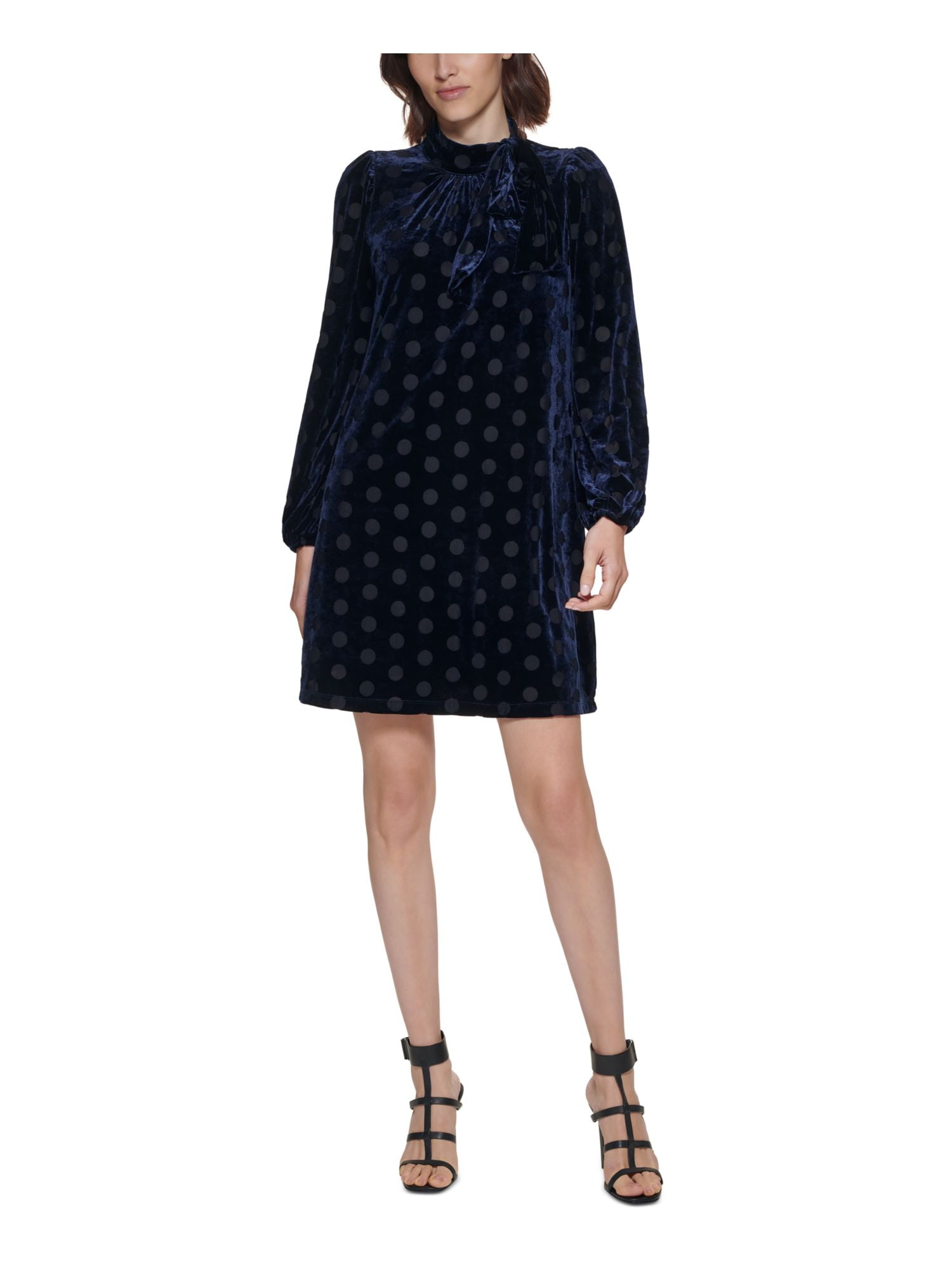Calvin Klein Womens Navy Stretch Zippered Gathered Velvet Lined Polka