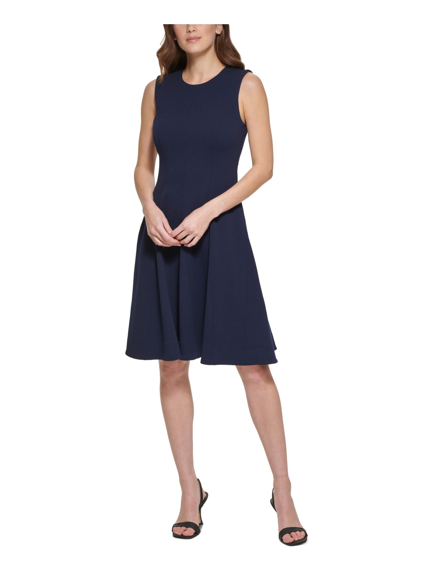 Calvin Klein Womens Navy Zippered Textured Sleeveless Jewel Neck Above