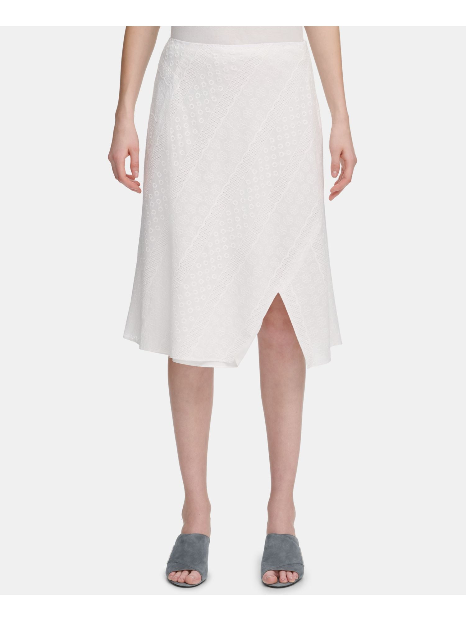 CALVIN KLEIN Womens White Eyelet Split Hem Below The Knee Wear To Work ...