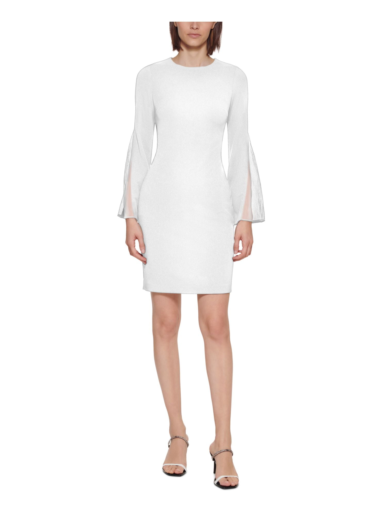 Calvin Klein Womens White Zippered Sheer Insets Lined Bell Sleeve Round
