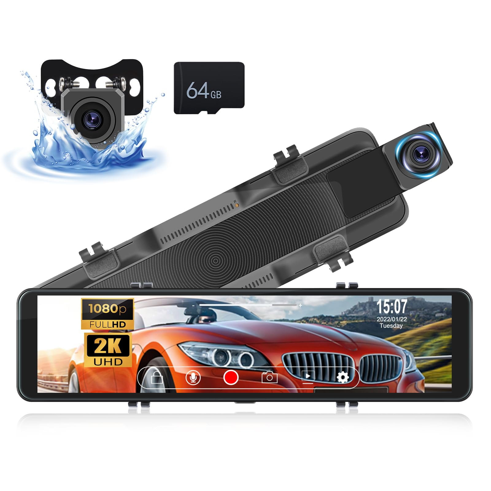 CAMECHO 2K Rear View Mirror Camera, 9.66" IPS Mirror Dash Cam Front and ...
