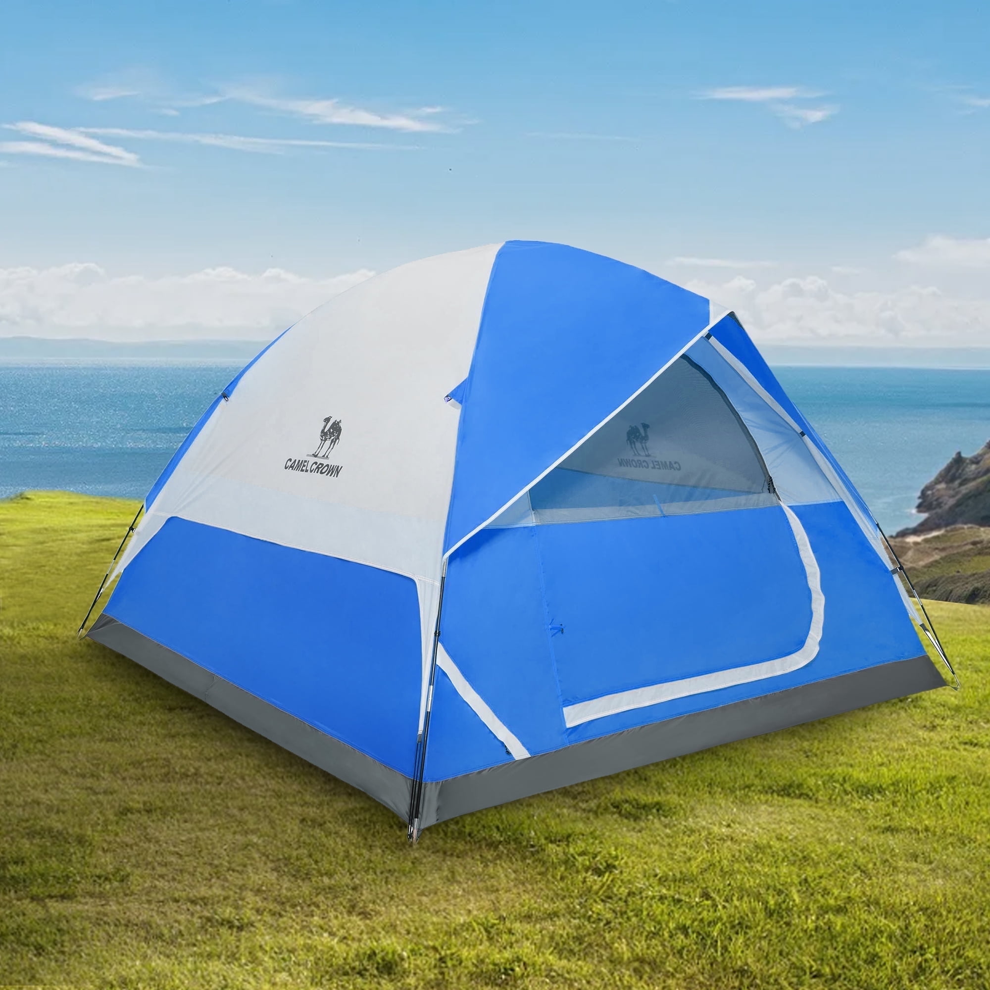 Camel Crown, 4 Person Dome Tent, Waterproof Camping Tents, Blue Gray ...