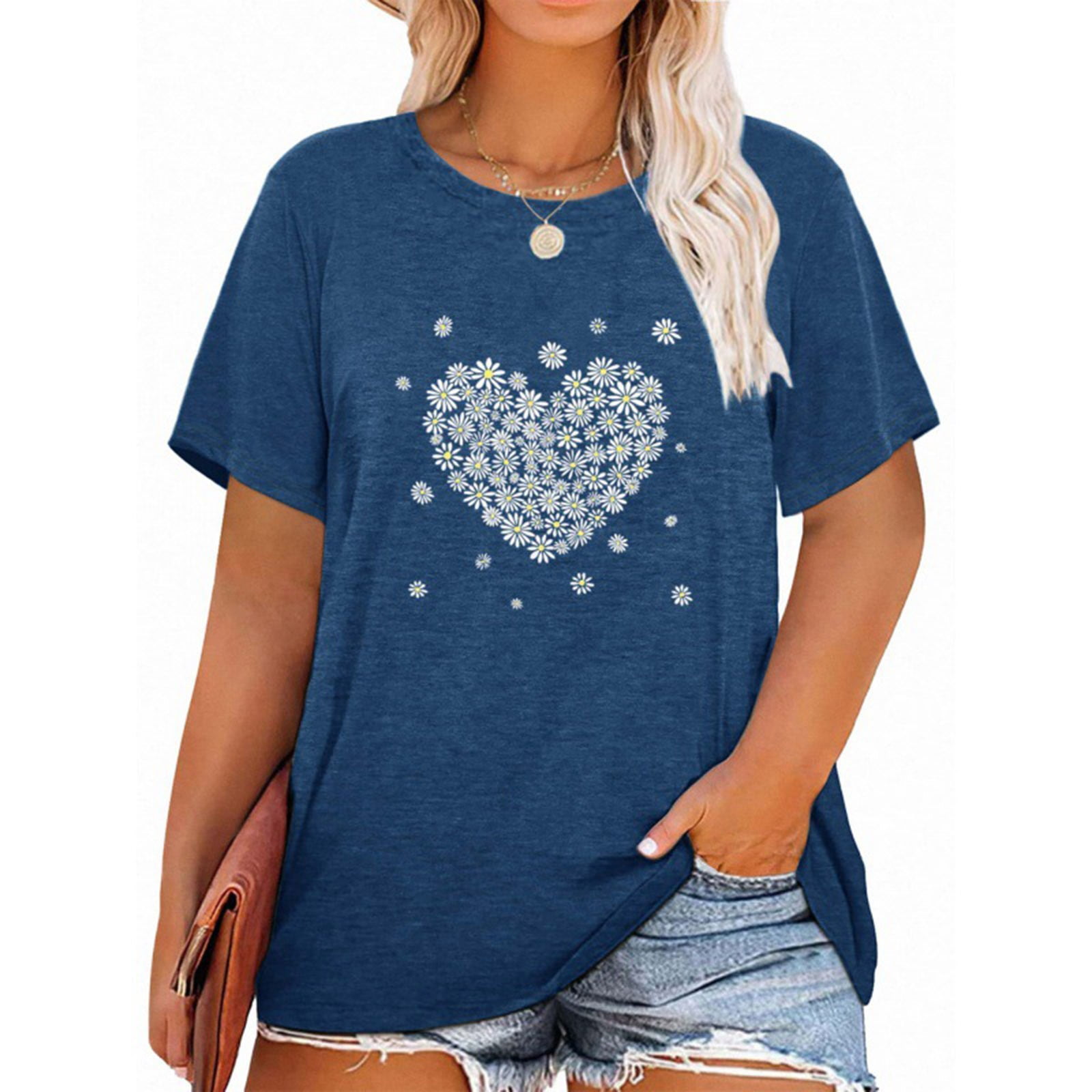 CAMERIARI Flower Short Sleeve Round Neckline Tshirts Shirts for Women ...