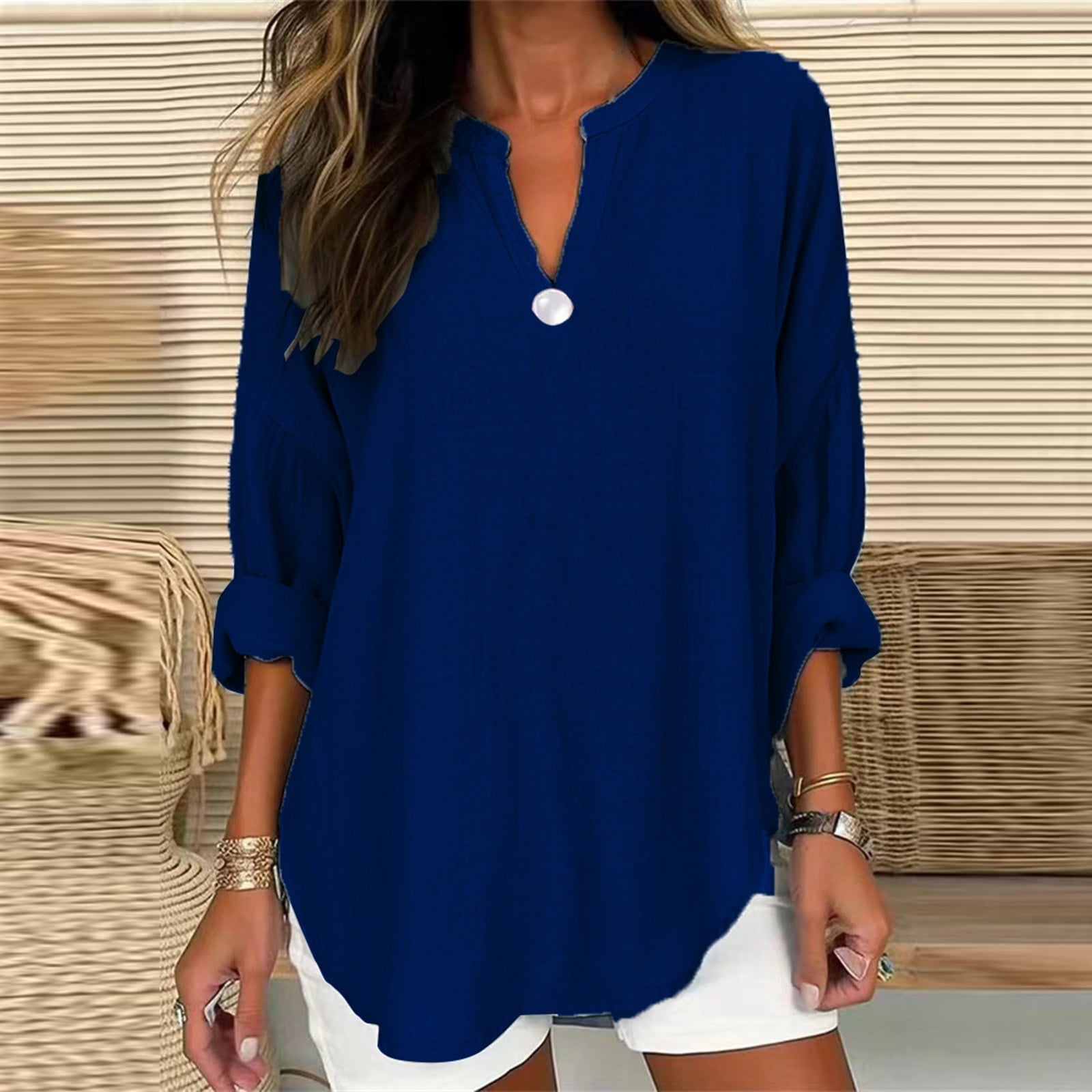CAMERIARI Solid Color Long Sleeve V-Neck Tshirts Shirts for Women, Size XL-5XL, Big&Tall, Blue ...