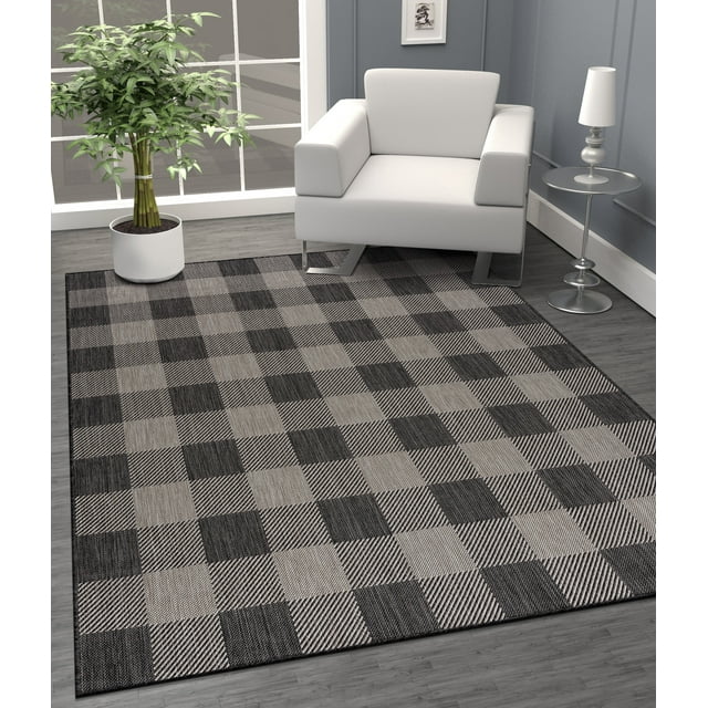 CAMILSON Buffalo Plaid Indoor Outdoor Rug 8' x 10' Dark Grey Checkered ...