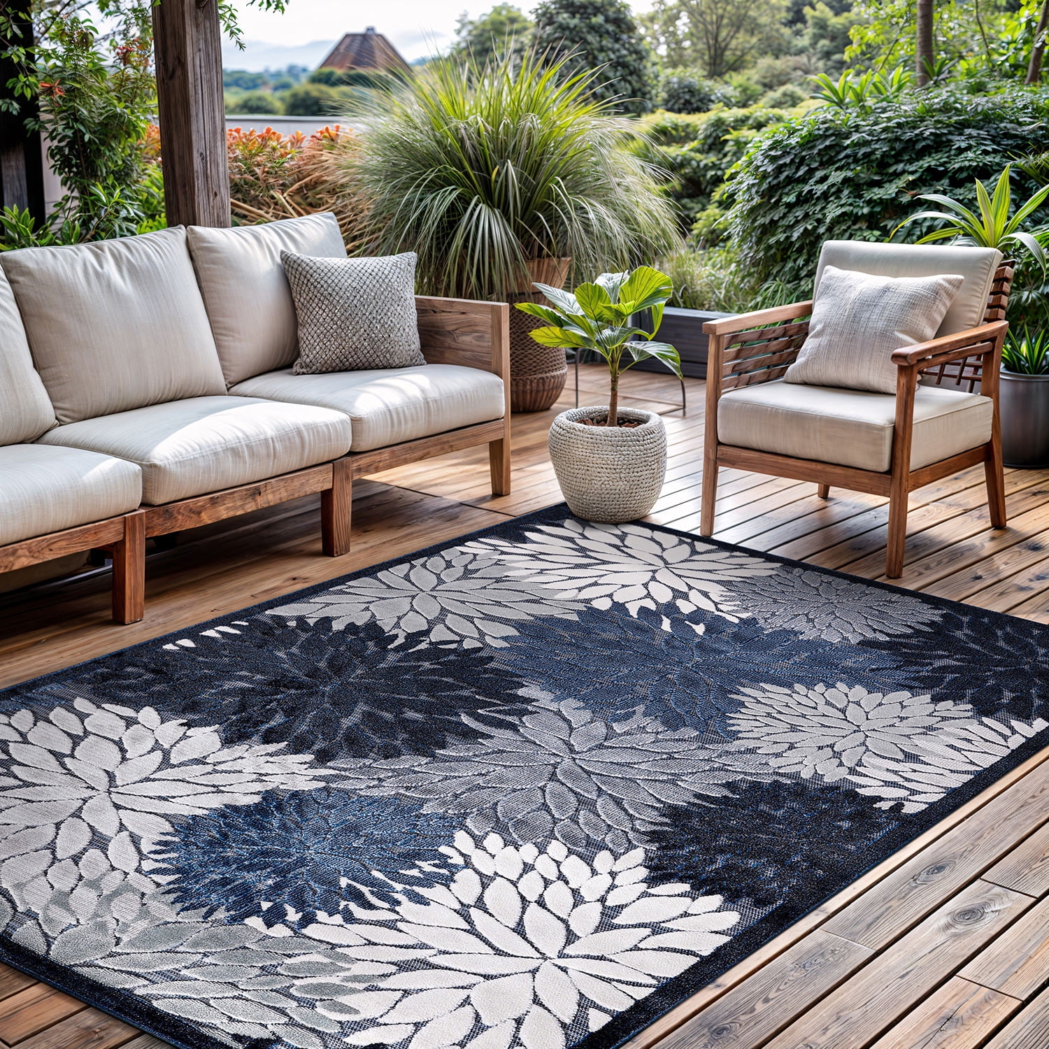 CAMILSON Spring Navy Blue 8x10 Rug - Indoor/Outdoor, Washable, Non ...